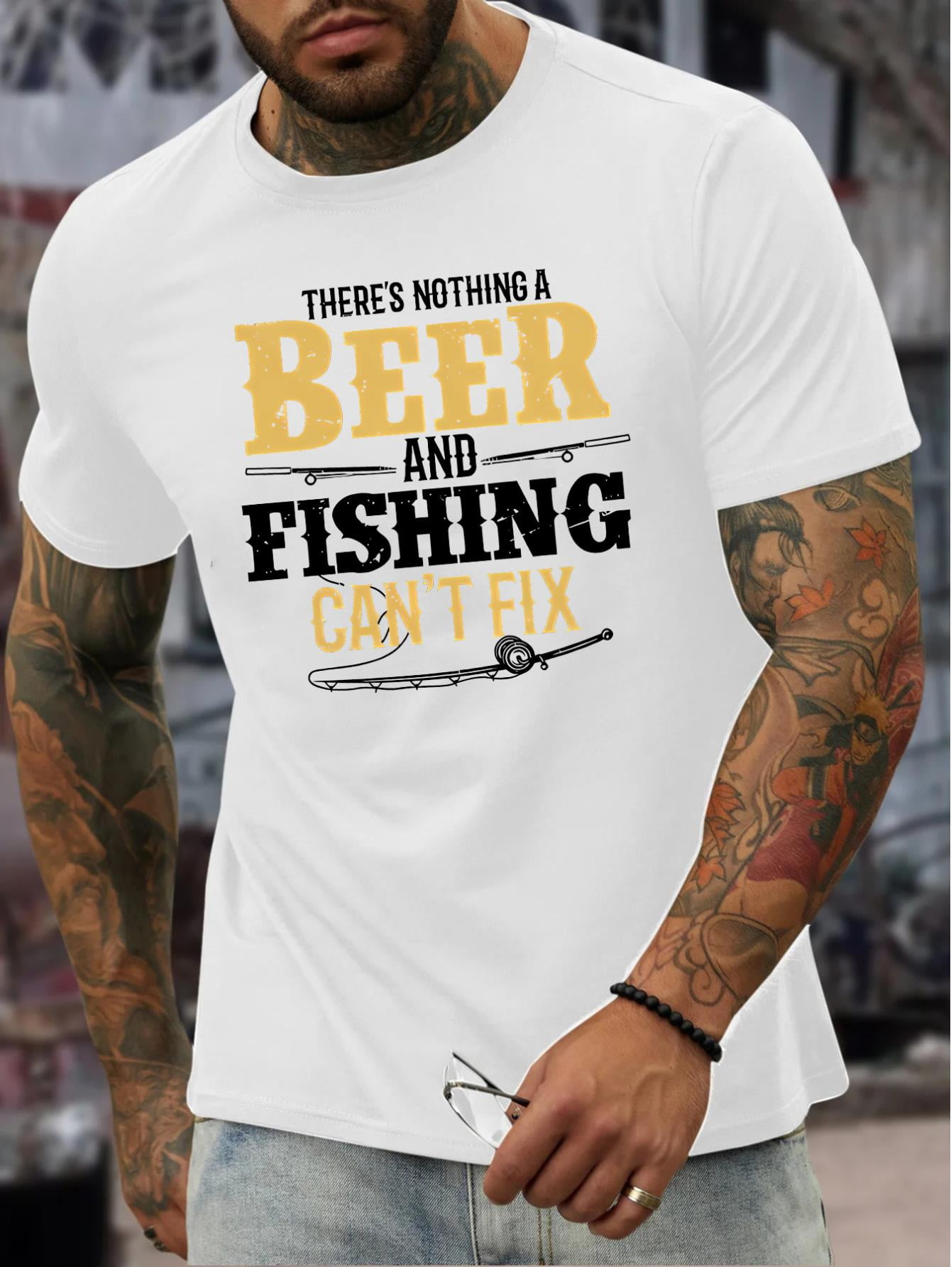 Beer and Fishing Print Tee Shirt, Tees for Men, Casual Short Sleeve T ...