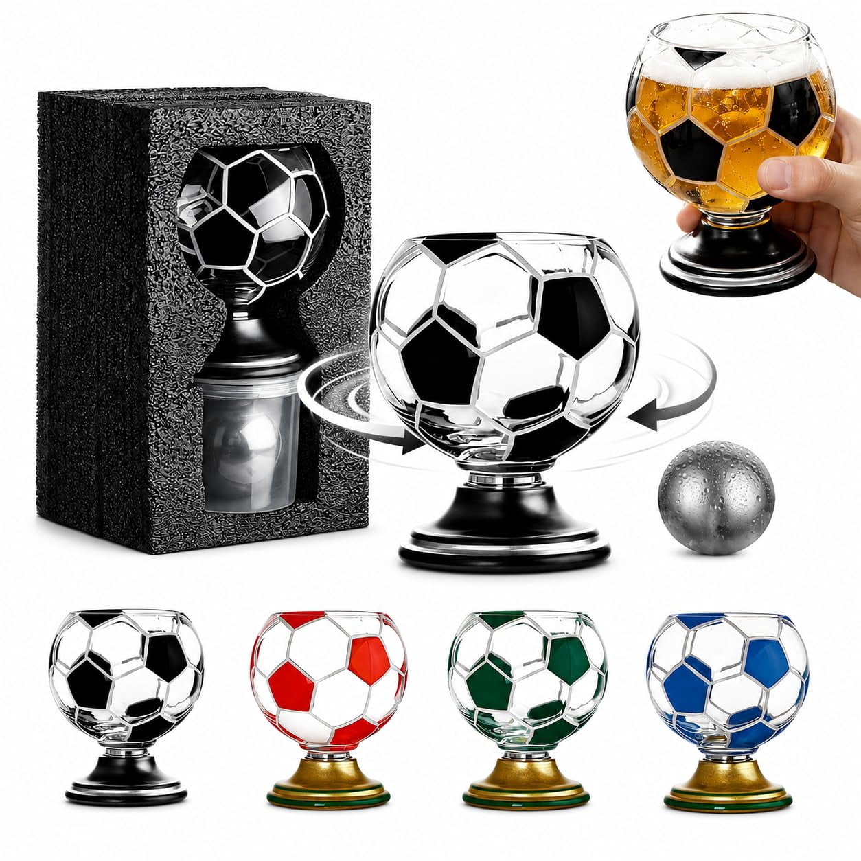 Beer Glass-300ml Soccer Ball Shaped Rotating Drinking Glass Cup,3D ...