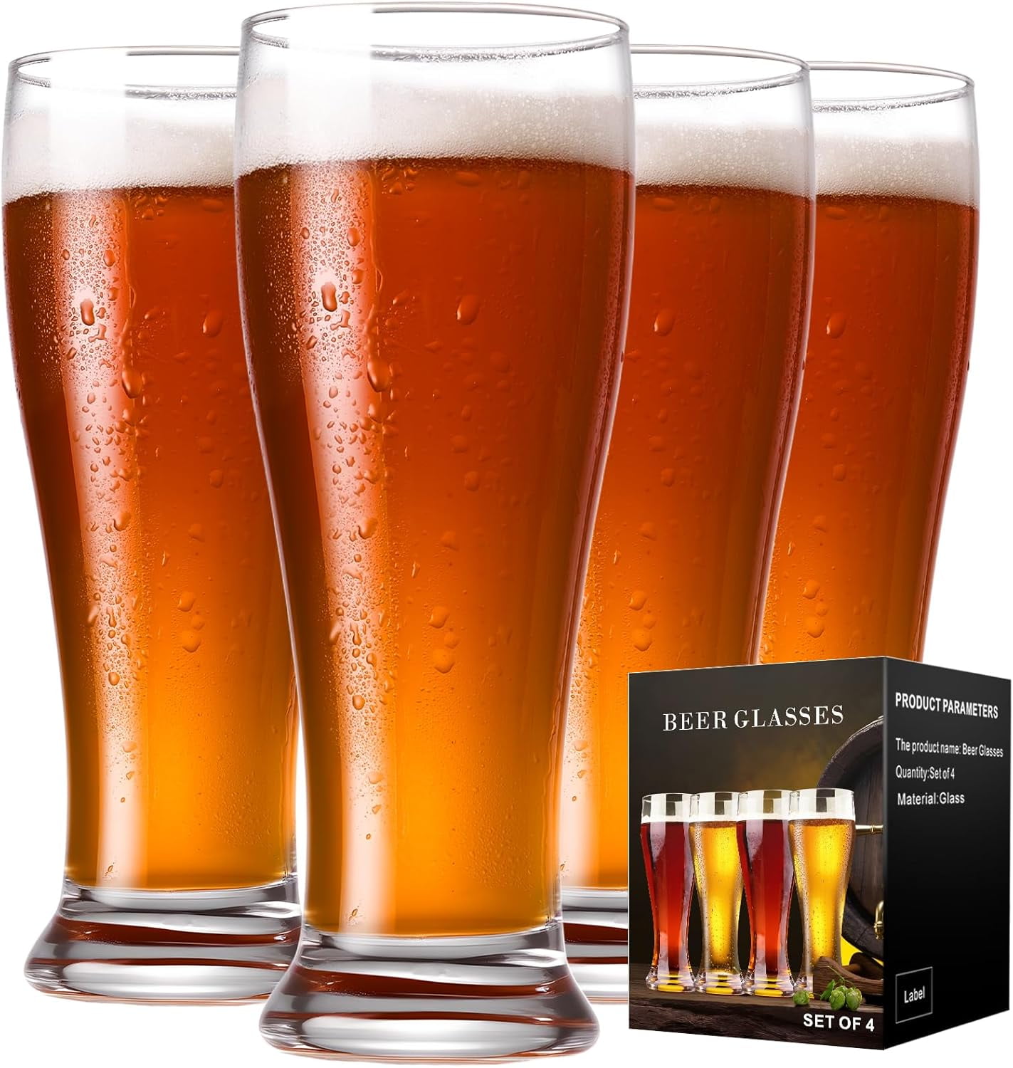 Beer Glasses Set of 4, 14 oz Pilsner Beer Pint Glasses, Classics Craft ...