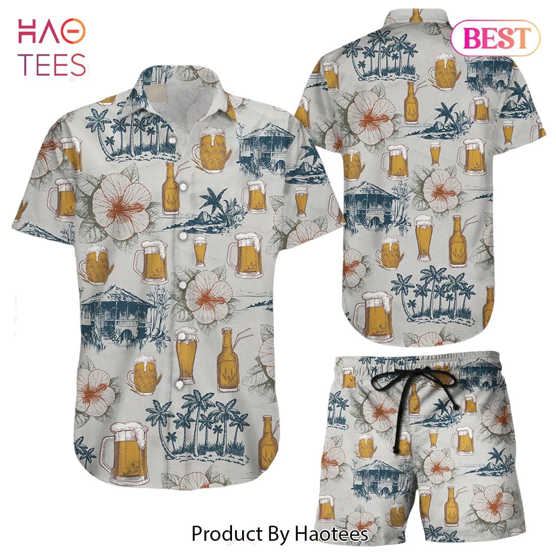 Beer Hawaiian Shirt Coconut Tree With Hibicus Background Hawaii Shirt ...