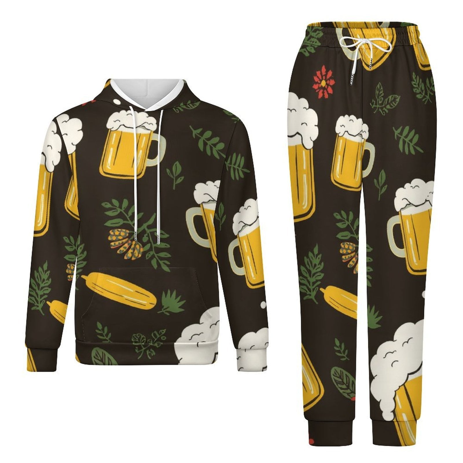 Beer Mugs And Foliage Pattern Hoodie + Pants Suit Cool Men/Women 2 Pcs ...