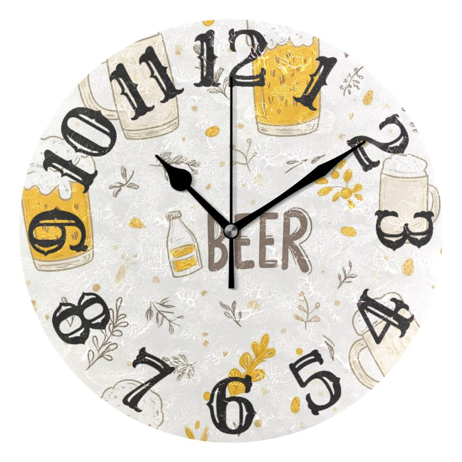 Beer Mugs Leaves Wall Clock 10 inch Non-Ticking Easy to Read Decorative ...