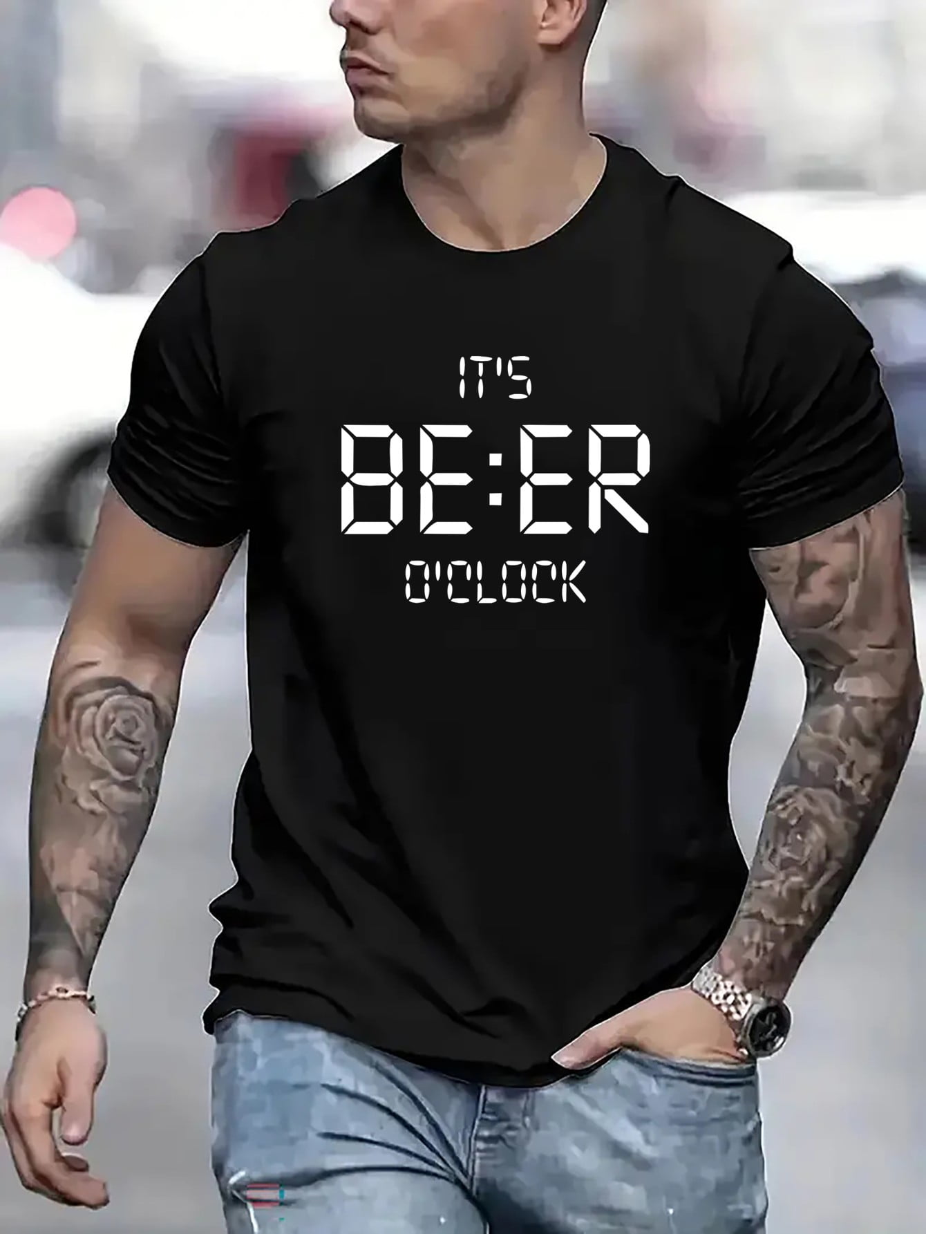 Beer O'clock Print, Men's Crew Neck Short Sleeve T-shirt, Stylish ...
