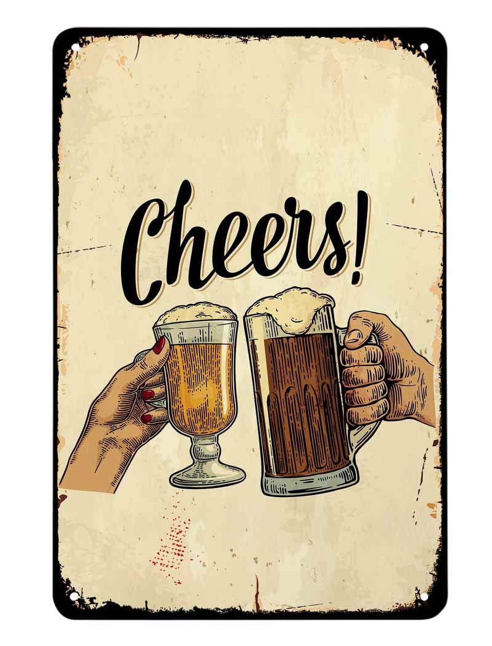Beer Tin Sign,Cheers Hand Bar Glass Celebration Cup Full Liquid Drinks ...