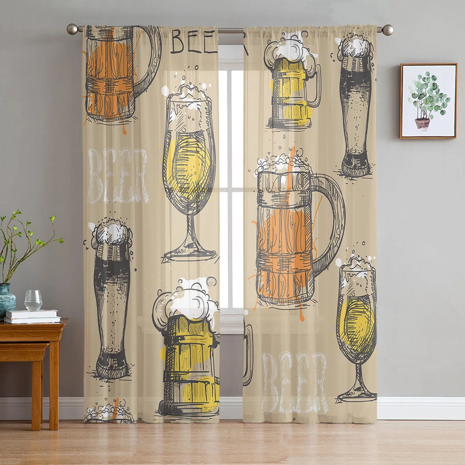Beer Wine Glass Retro Text Sheer Curtains for Living Room The Bedroom ...