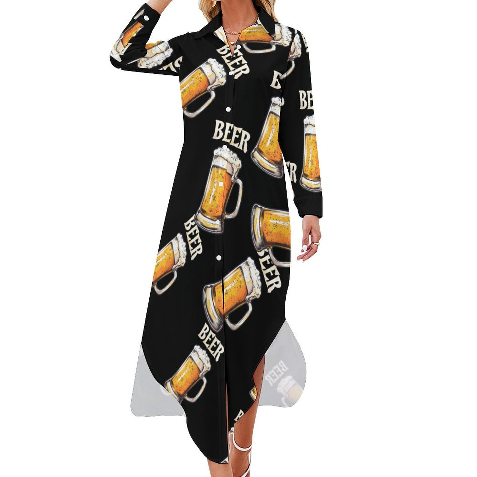 Beer Women's Maxi T Shirt Dress Long Sleeve Lapel Summer Button Down ...