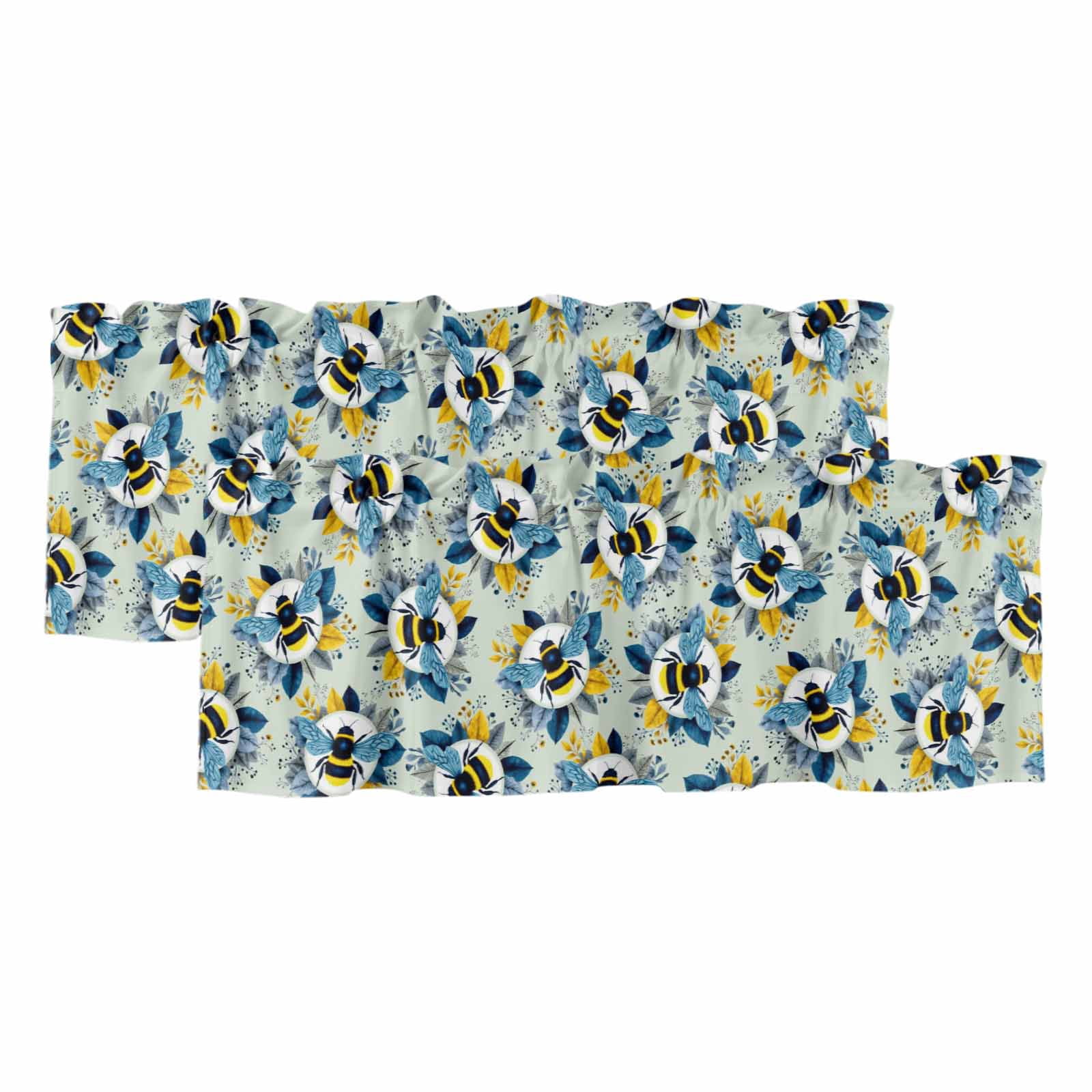 Bees 2 Panels Kitchen Valance, Yellow Blue Leaves Bee Green Texture ...