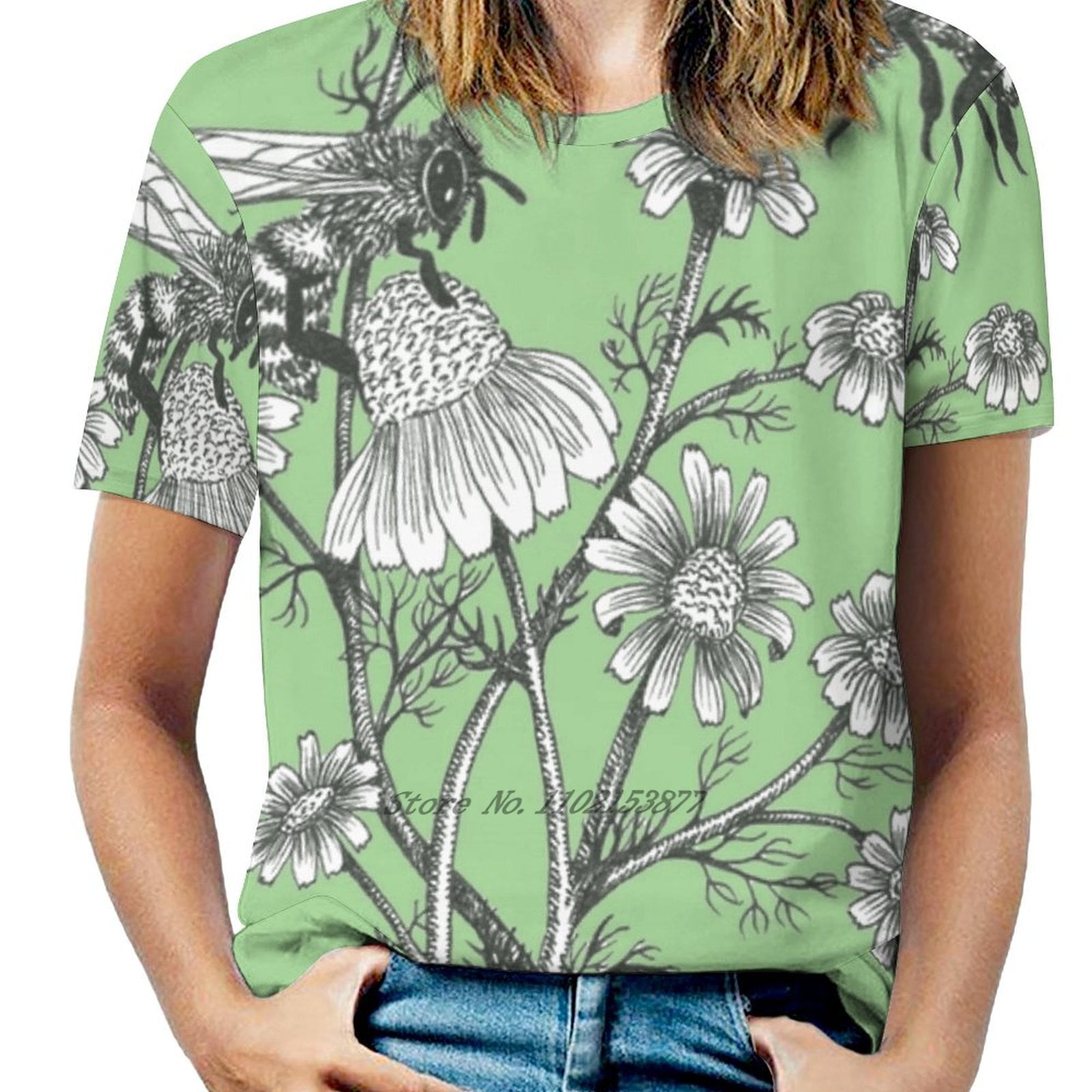 Bees And Chamomile On Succulent Green Background Women'S Clothing V-Neck Tops Zipper Tee Ladies ...