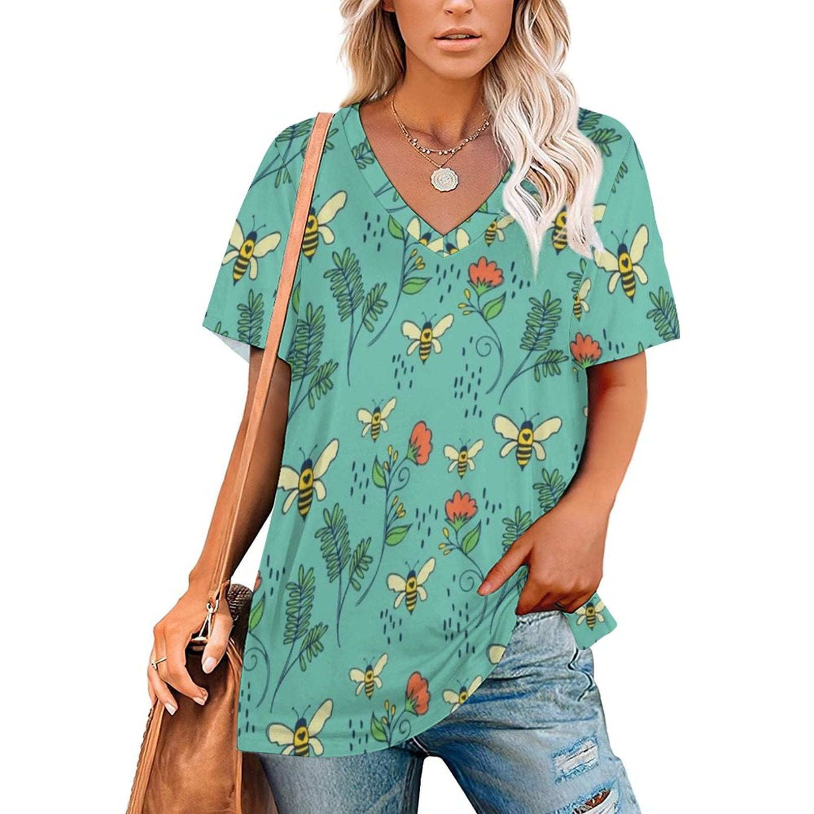 Bees And Flowers Print O-Neck Off-The-Shoulder Top Short-Sleeved T ...