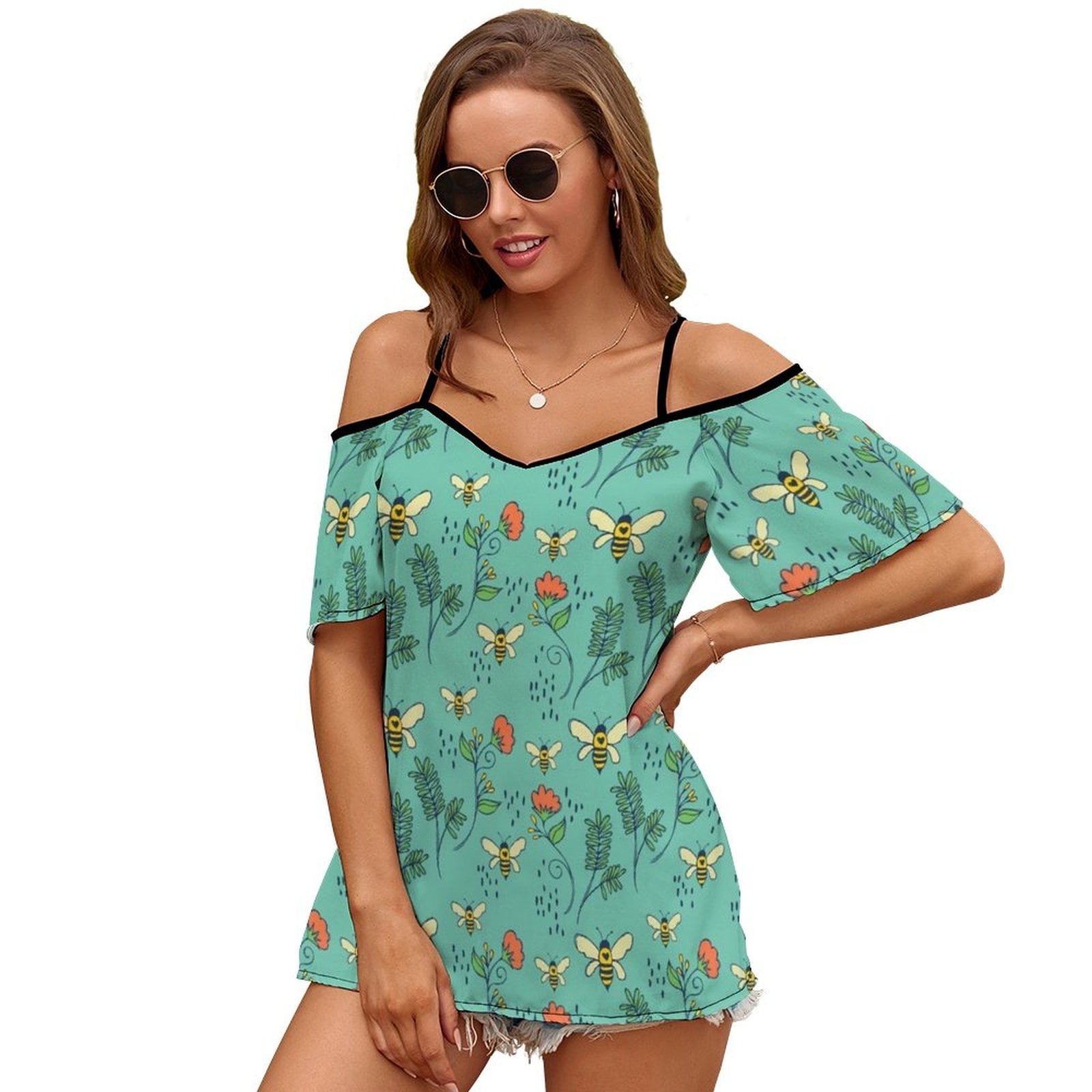 Bees And Flowers Print O-Neck Off-The-Shoulder Top Short-Sleeved T ...