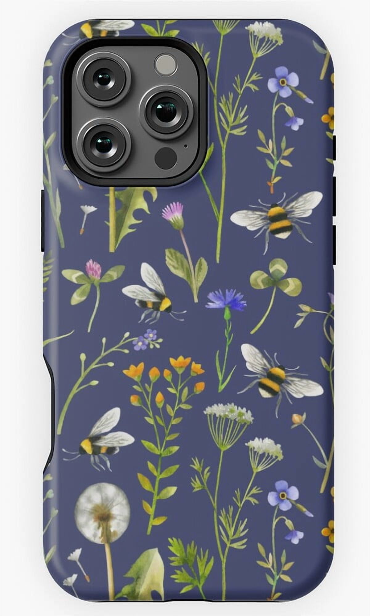 Bees And Wildflowers Dark Blue Floral Art Phone Case for iPhone 16 15 ...