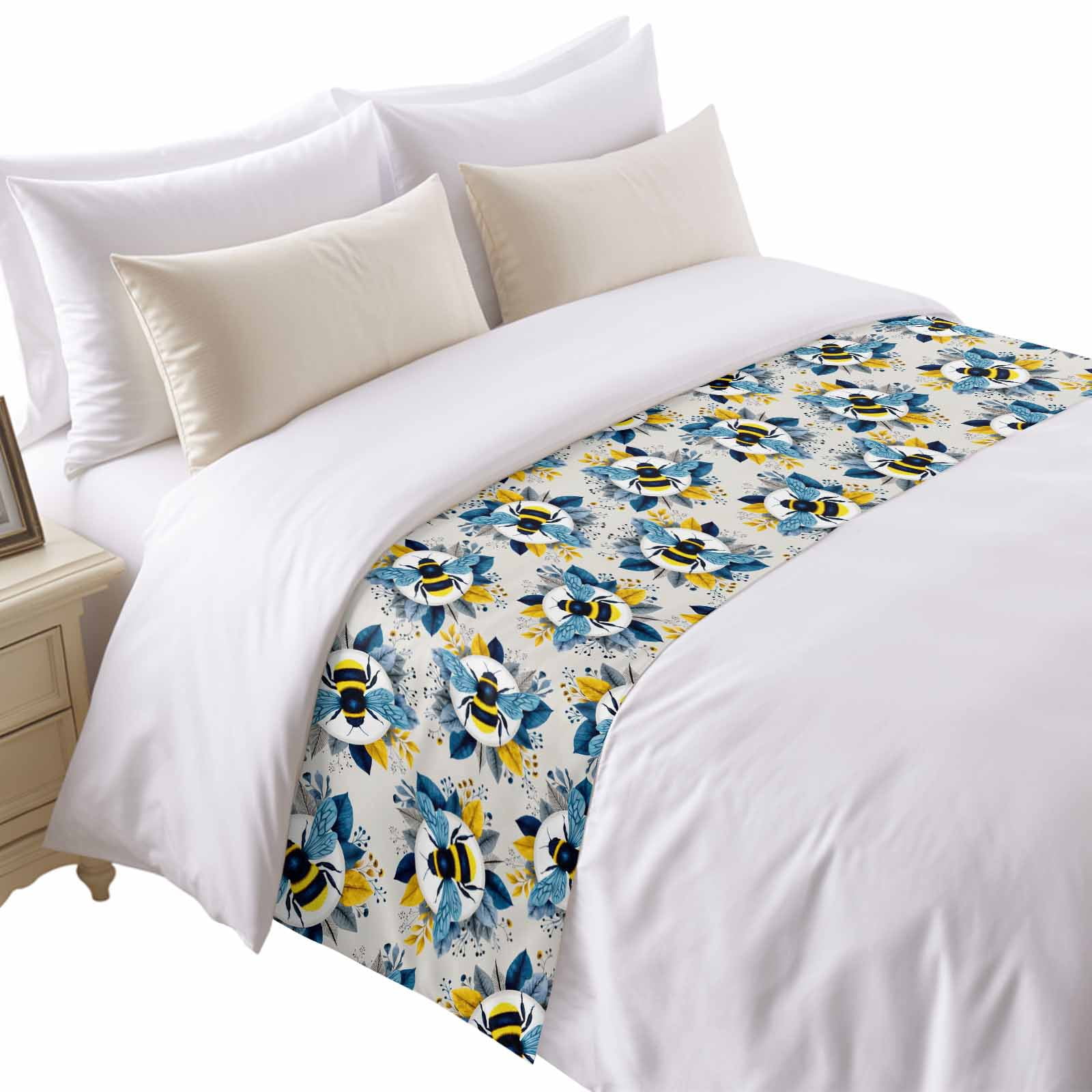 Bees Bed Runner for Queen Size Bed, Yellow Blue Leaves Bee Beige ...