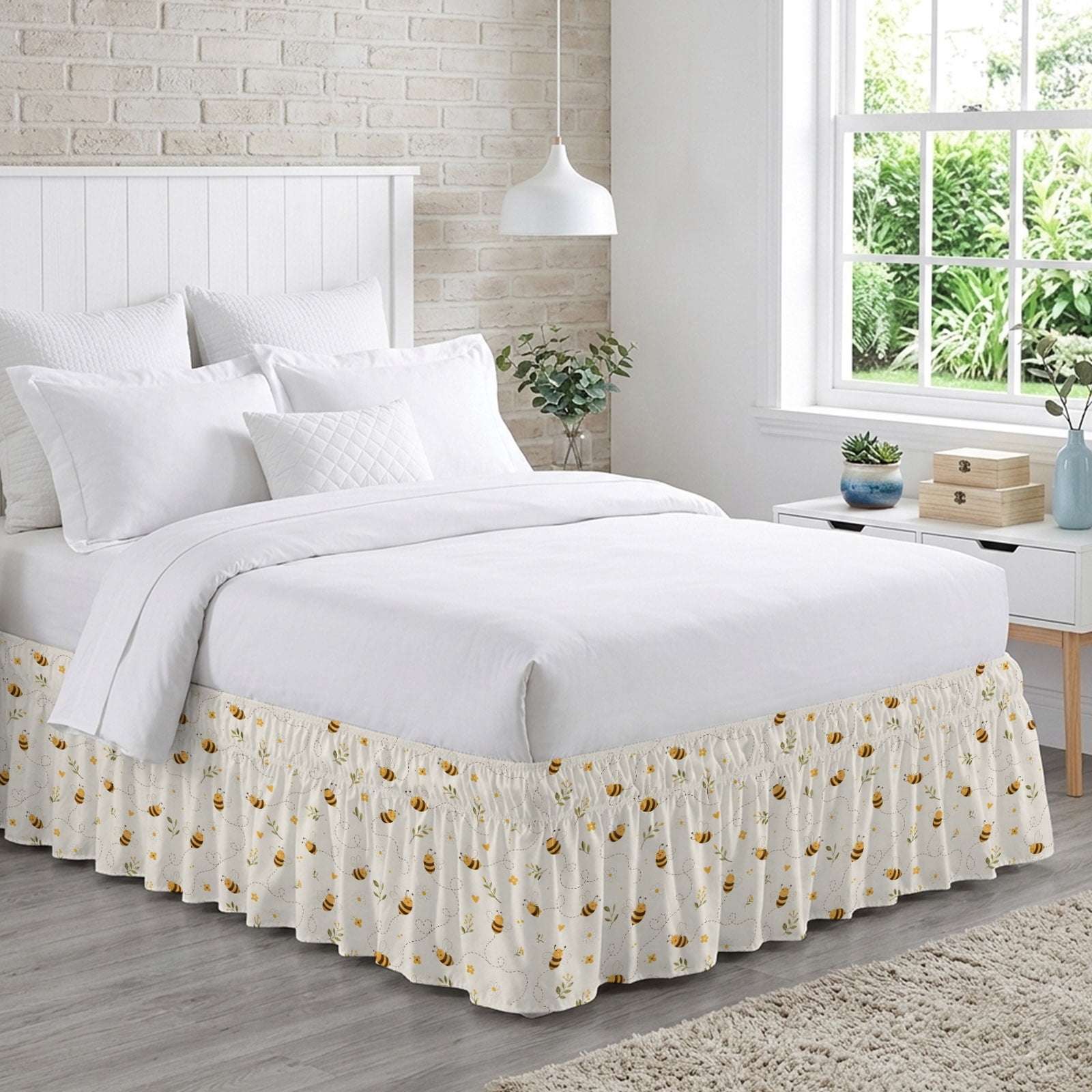 Bees Bed Skirt King Size 16 Inch Drop, Minimalist Rustic Yellow ...