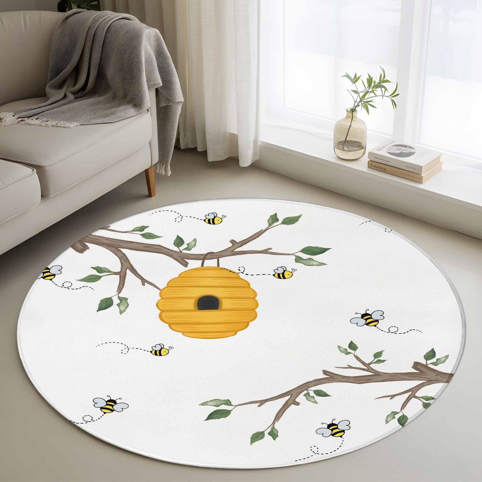 Bees Branches Round Area Rug 3Ft Washable Small Circle Rugs for Kitchen ...