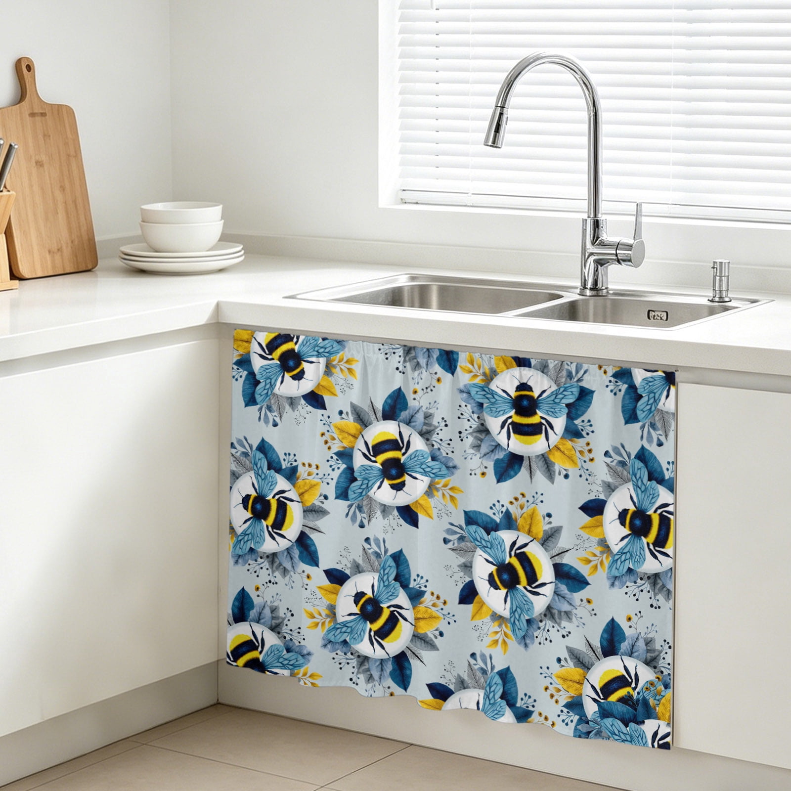 Bees Cabinet Curtains 28" W x 35" L, Yellow Blue Leaves Bee Blue ...