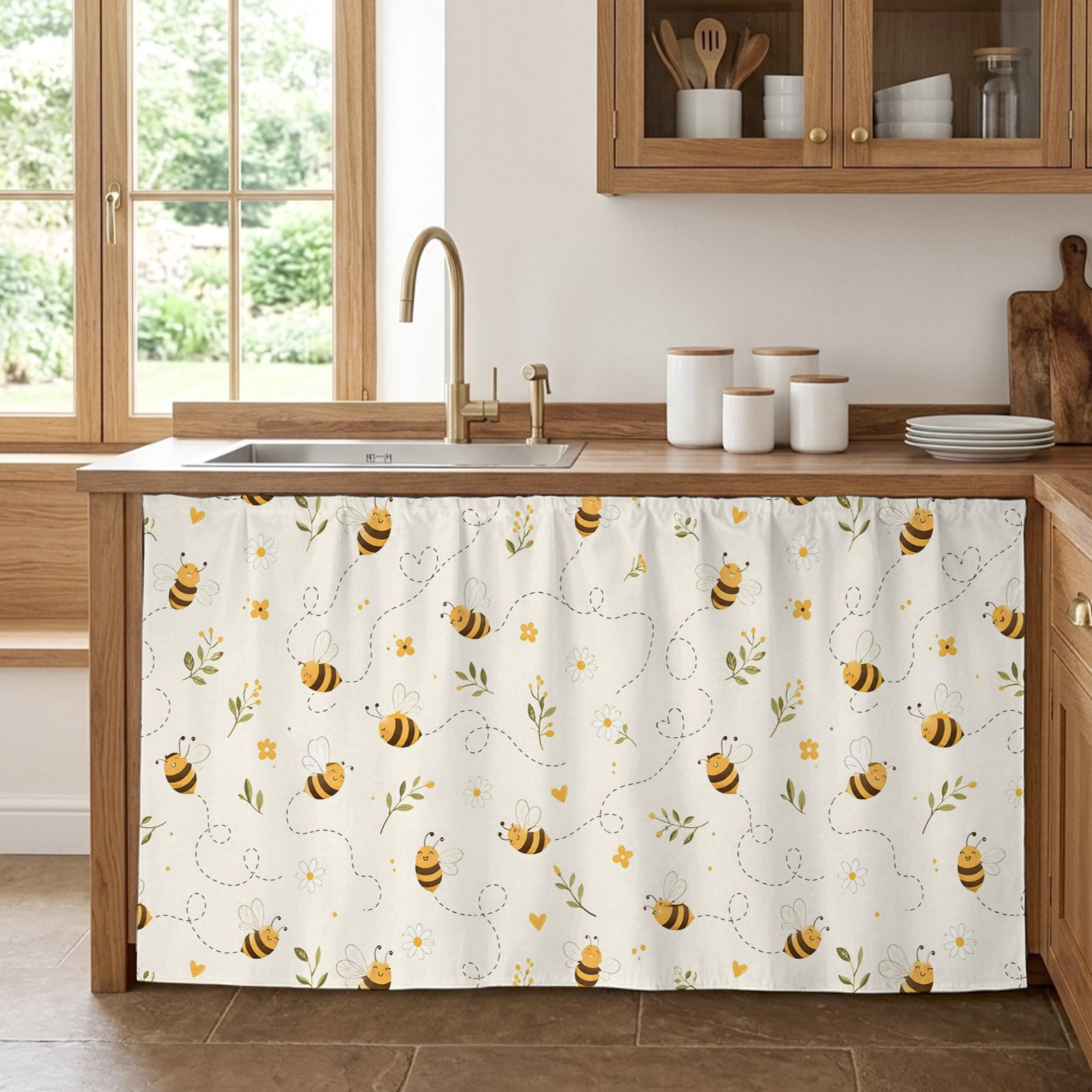 Bees Cabinet Curtains for Kitchen 28"W x 51"L, Minimalist Rustic Yellow ...