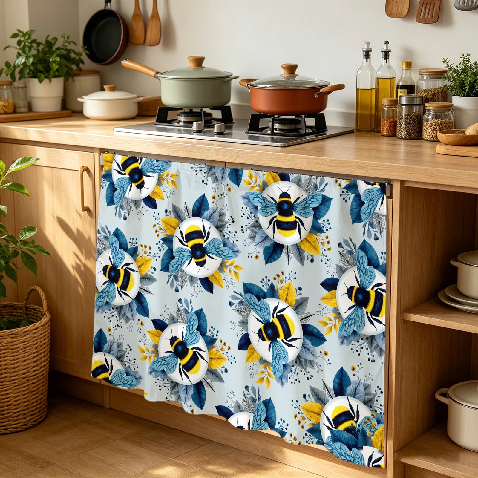 Bees Cabinet Curtains for Kitchen 35"W x 35"L, Yellow Blue Leaves Bee ...