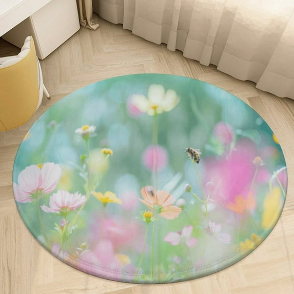 Bees Collect Honey Floral Medallion Round Rug - Small Round Area Rug ...