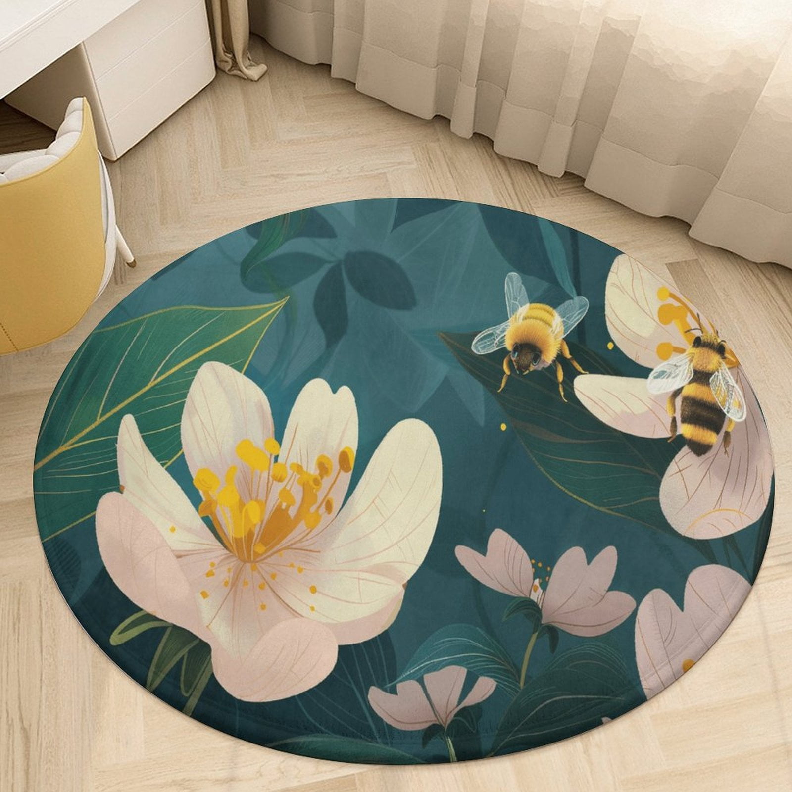 Bees Collect Honey Floral Medallion Round Rug - Small Round Area Rug ...