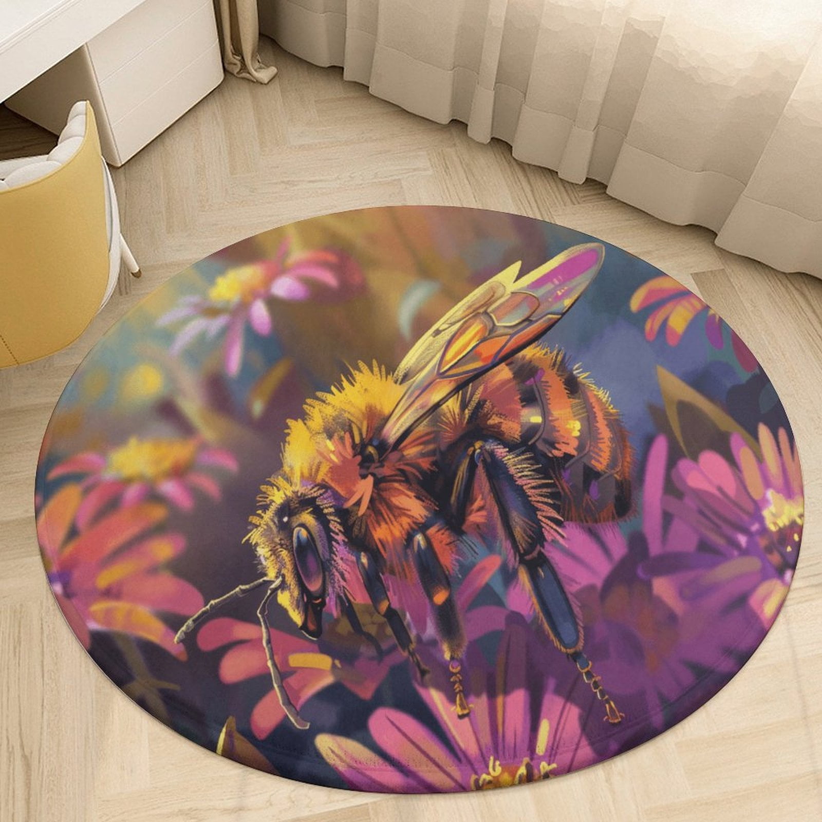 Bees Collect Honey Floral Medallion Round Rug - Small Round Area Rug ...