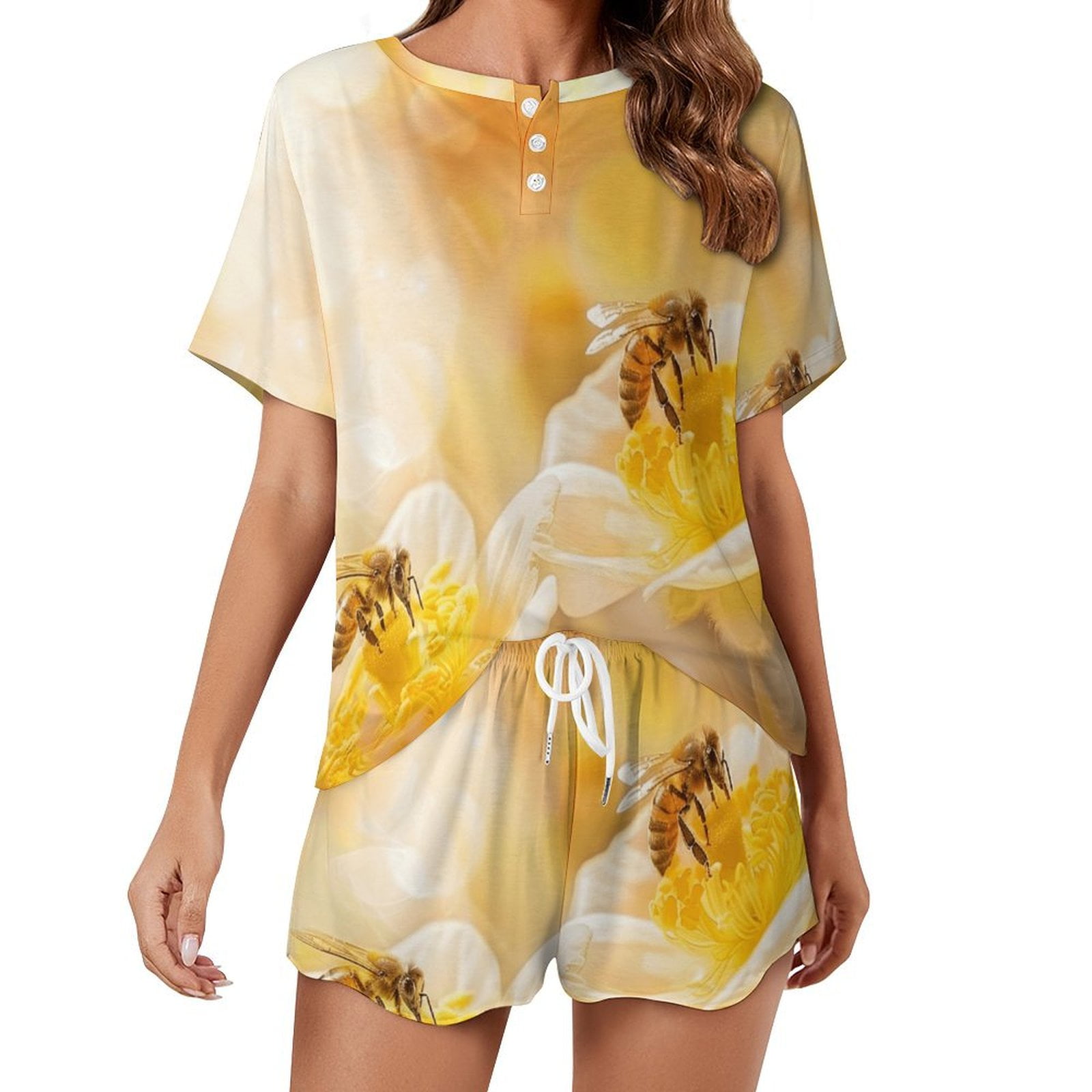 Bees Collect Honey Print Women'S Pajamas Set Summer Sleepwear Sets 2 ...