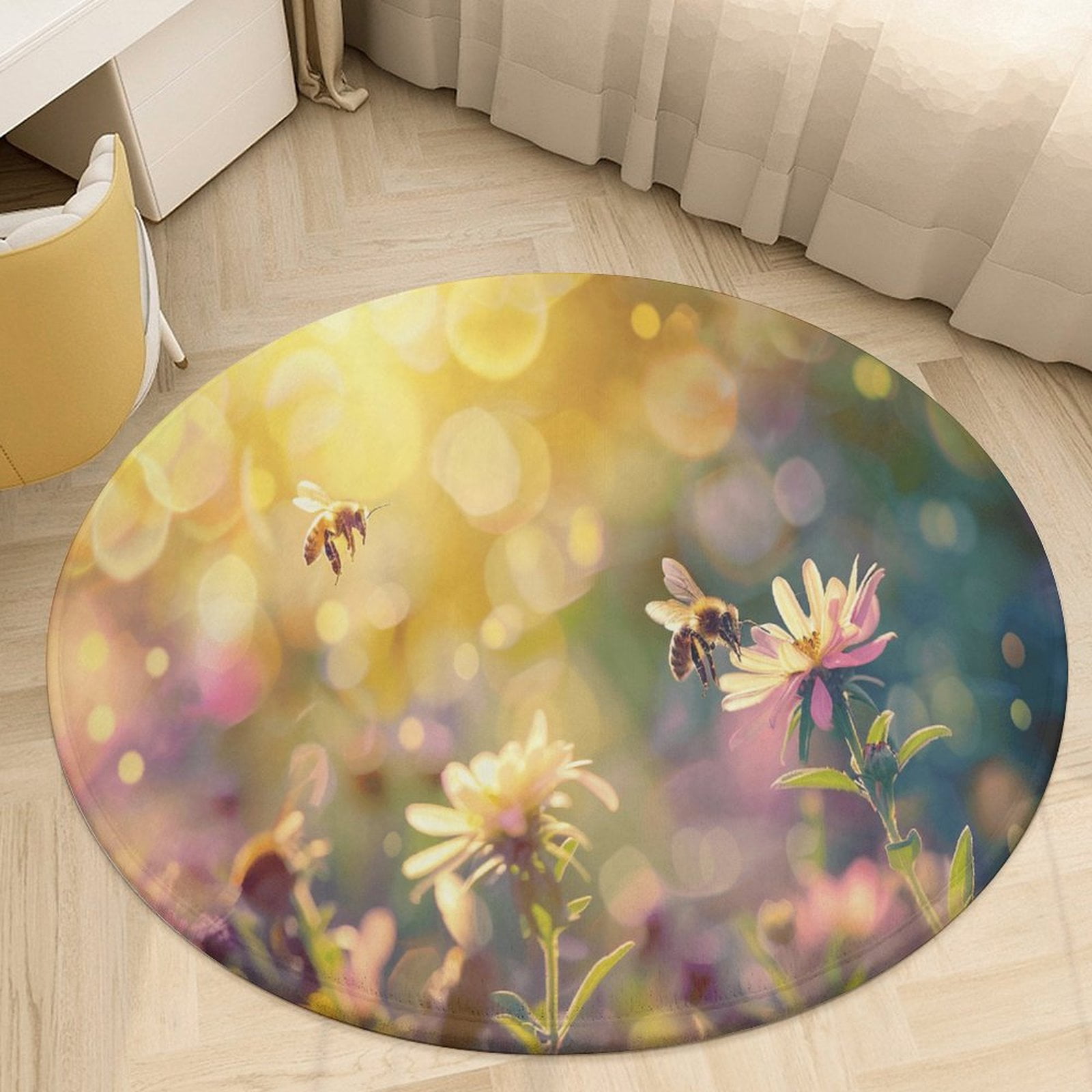 Bees Collect Honey Round Rugs -Washable Non-Slip Small Round Area Rug ...