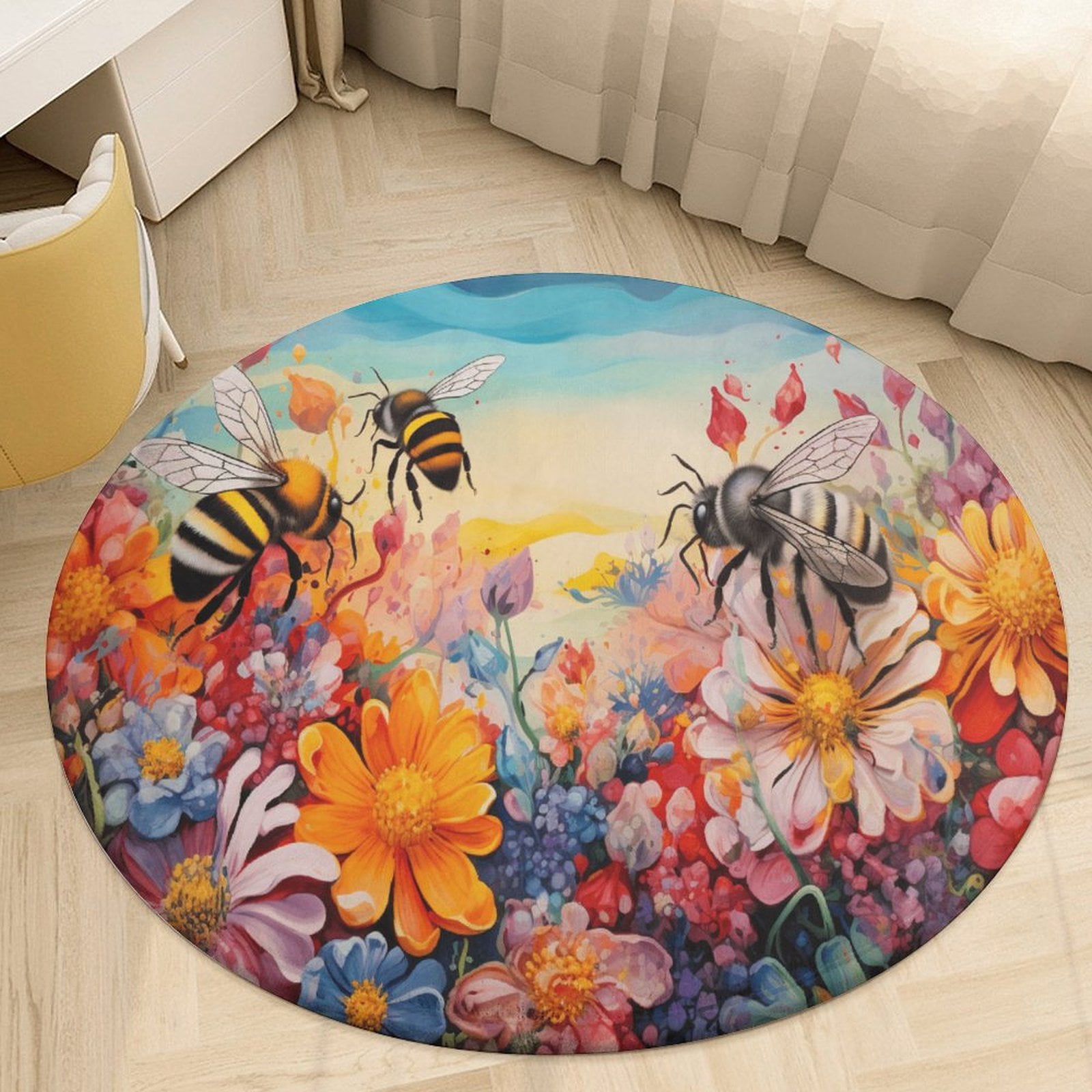 Bees Collect Honey Round Rugs -Washable Non-Slip Small Round Area Rug ...