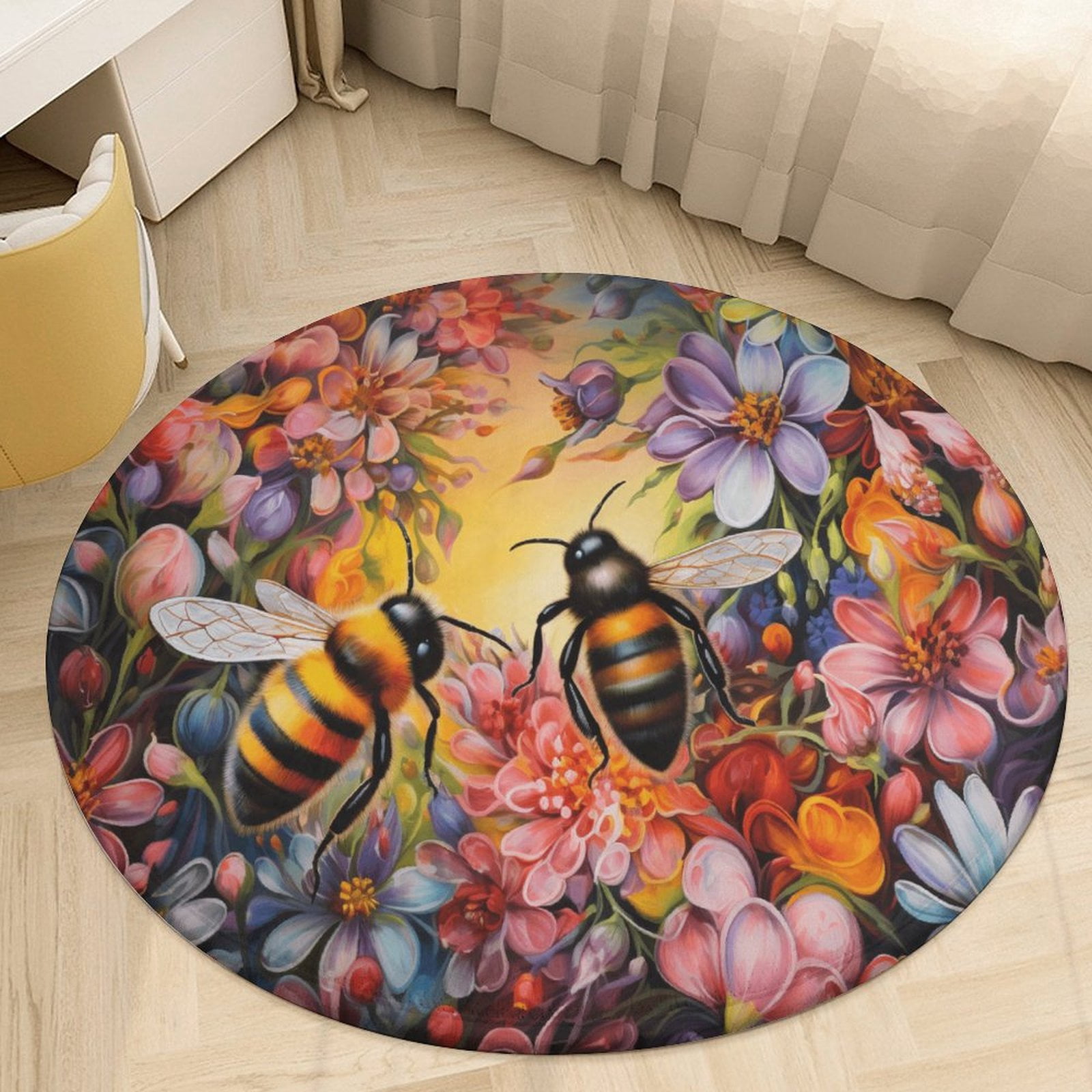 Bees Collect Honey Round Rugs -Washable Non-Slip Small Round Area Rug ...