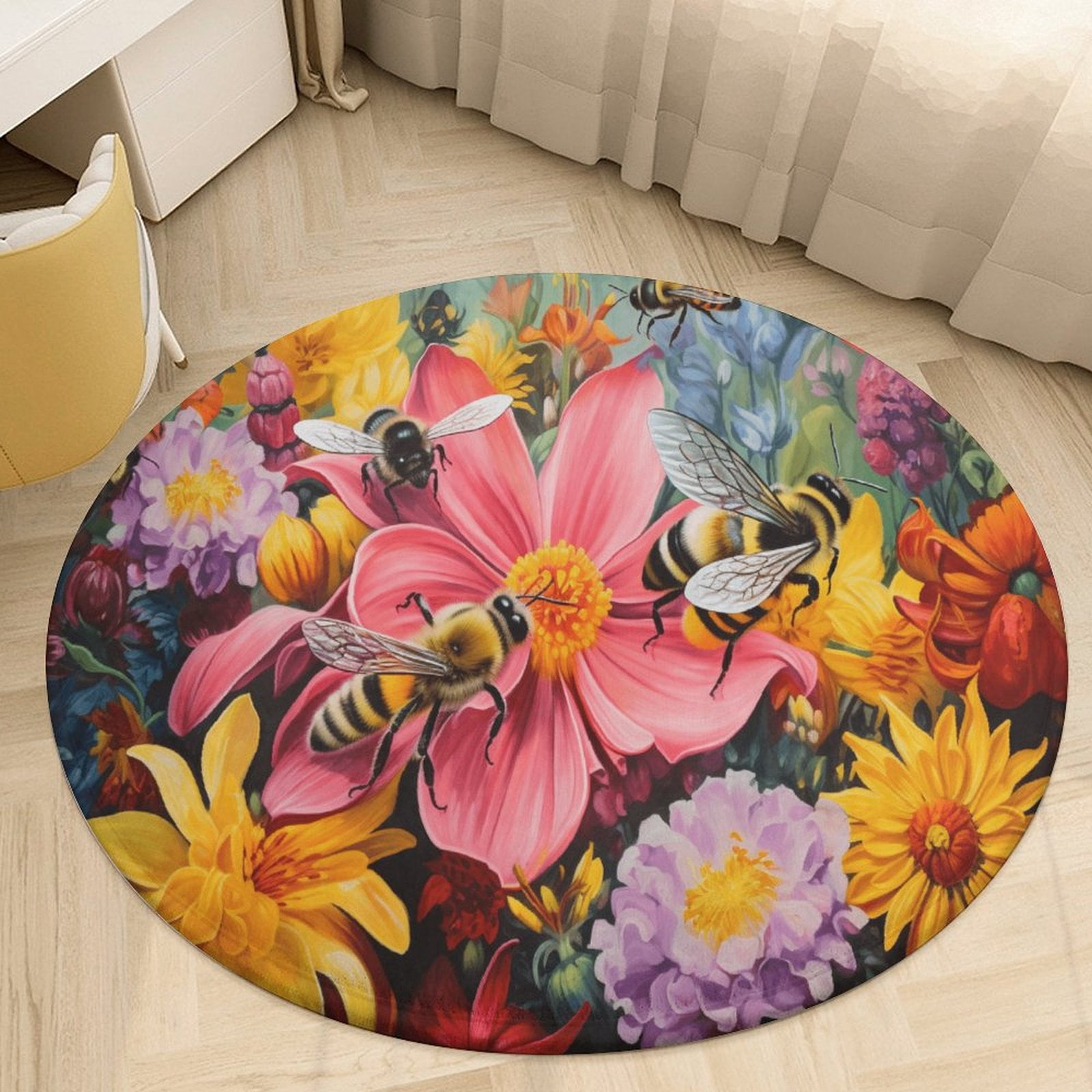 Bees Collect Honey Round Rugs -Washable Non-Slip Small Round Area Rug ...