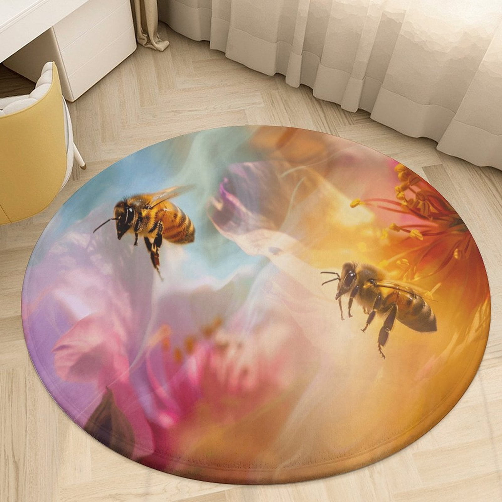 Bees Collect Honey Round Small Area Rug, Print Non Slip Washable Floor ...