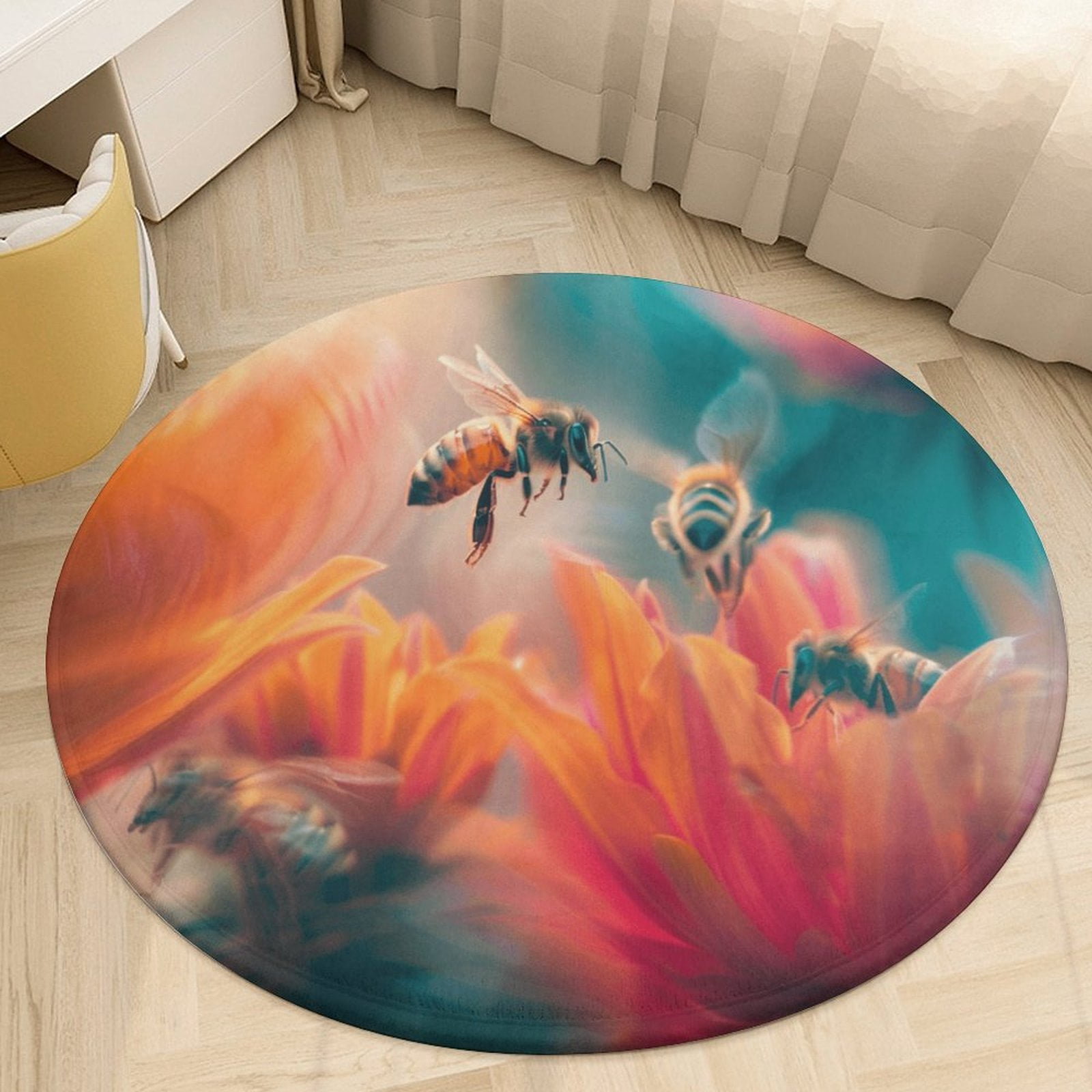 Bees Collect Honey Round Small Area Rug, Print Non Slip Washable Floor ...