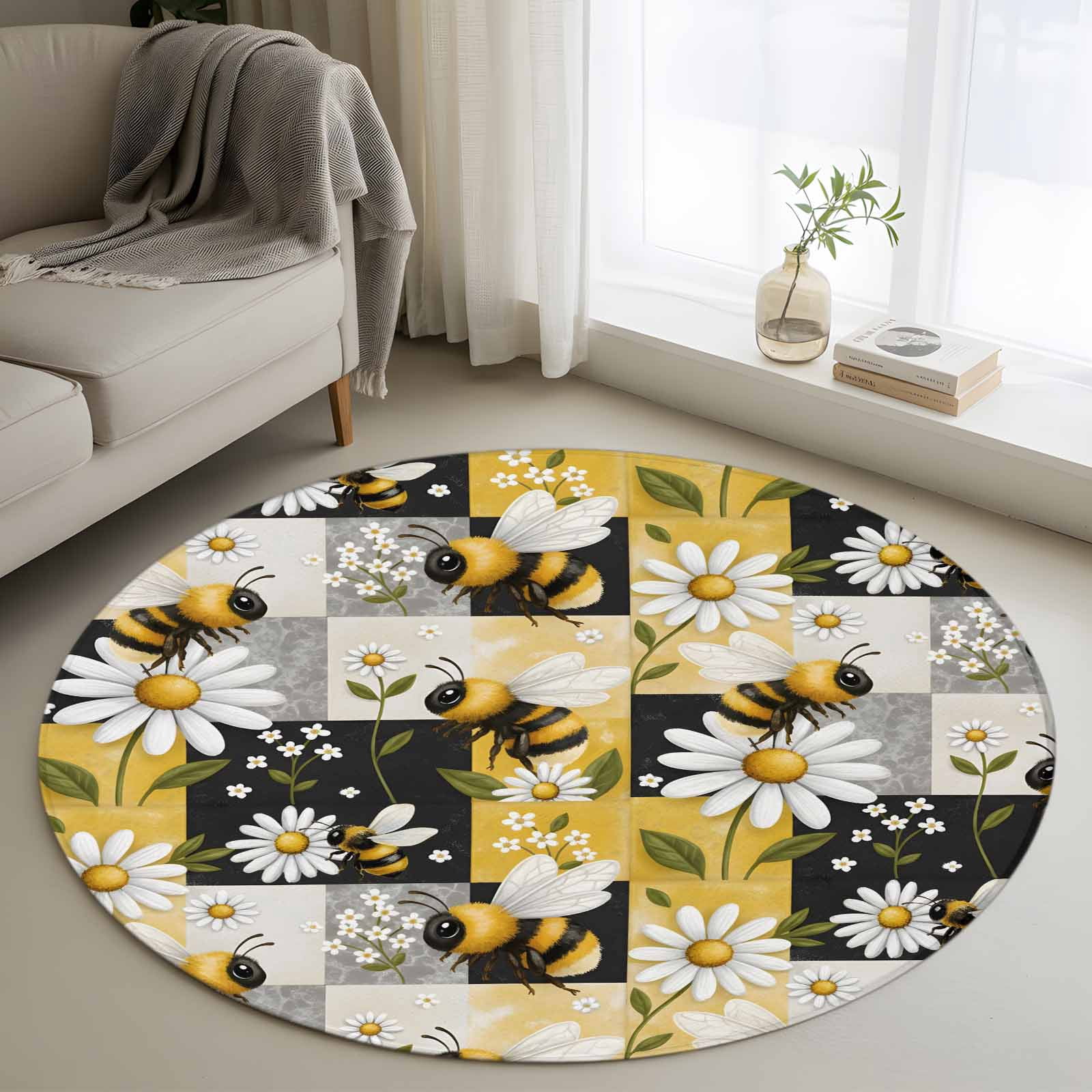 Bees Daisy 4FT Round Area Rugs Rustic Countryside Summer Grid Patchwork ...