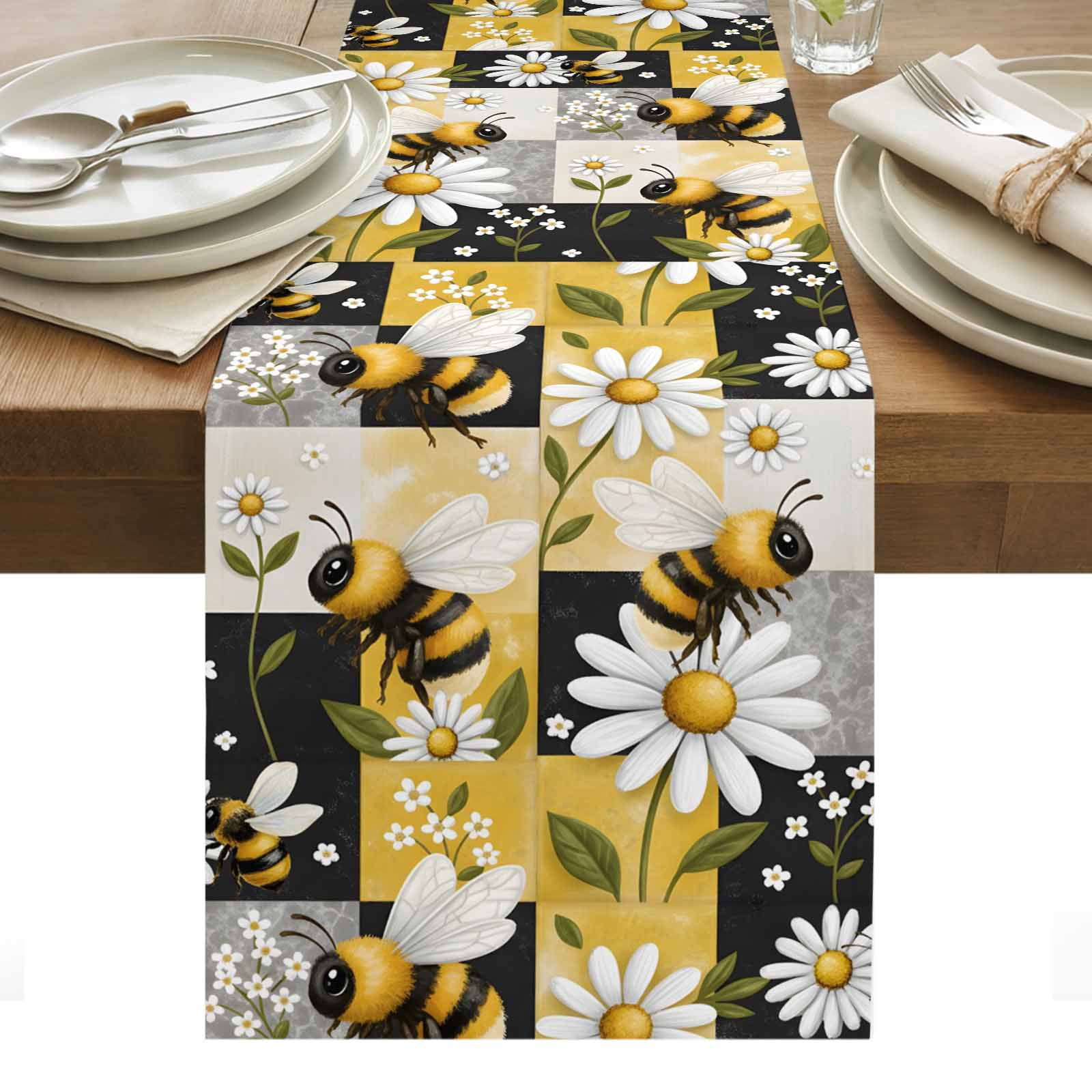 Bees Daisy Cotton Linen Table Runner Rustic Countryside Summer Grid ...