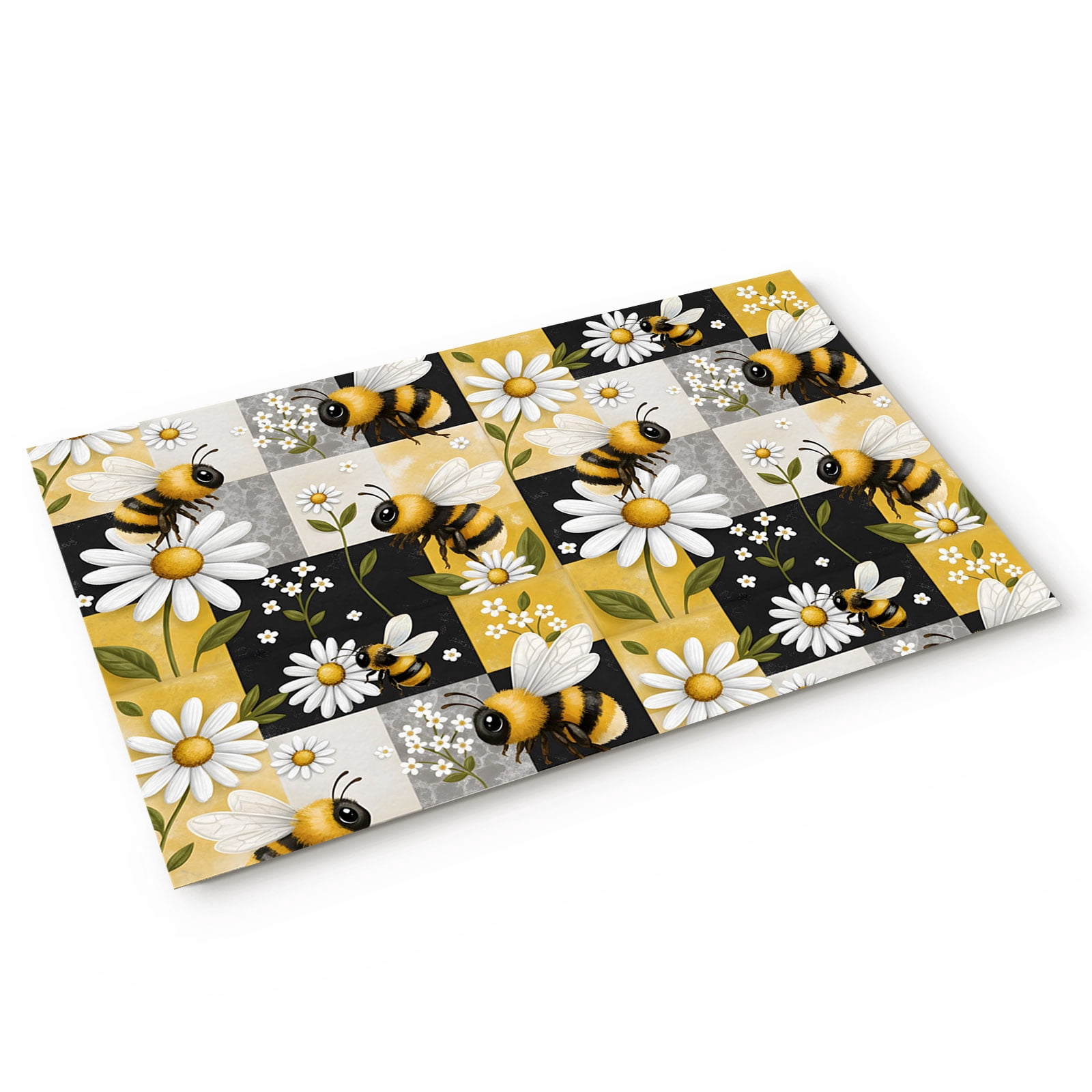 Bees Daisy Door Mat Rustic Countryside Summer Grid Patchwork Non Slip ...