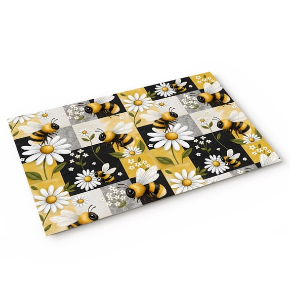 Bees Daisy Door Mat Rustic Countryside Summer Grid Patchwork Non Slip ...