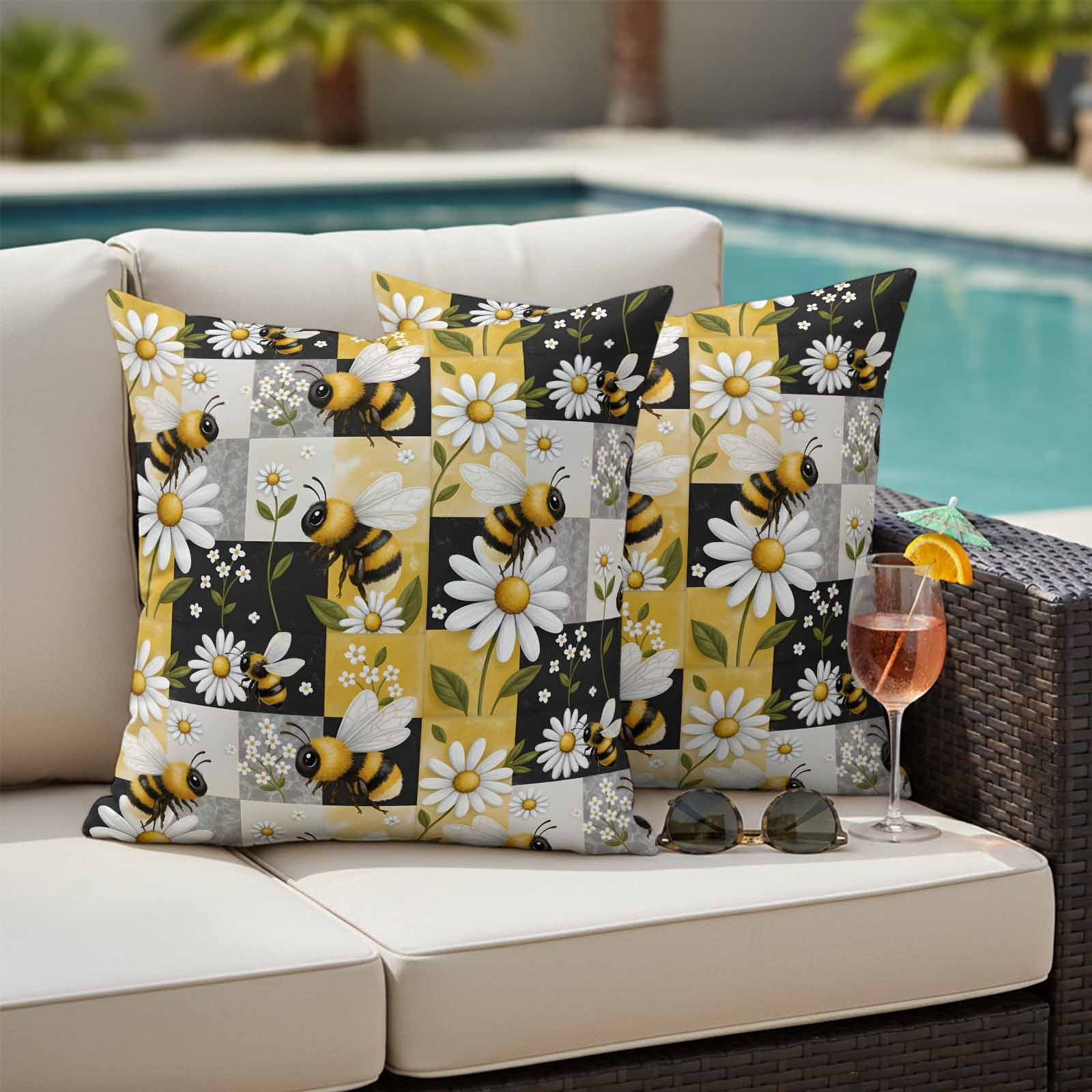 Bees Daisy Outdoor Throw Pillow Covers Set of 2, Rustic Countryside ...