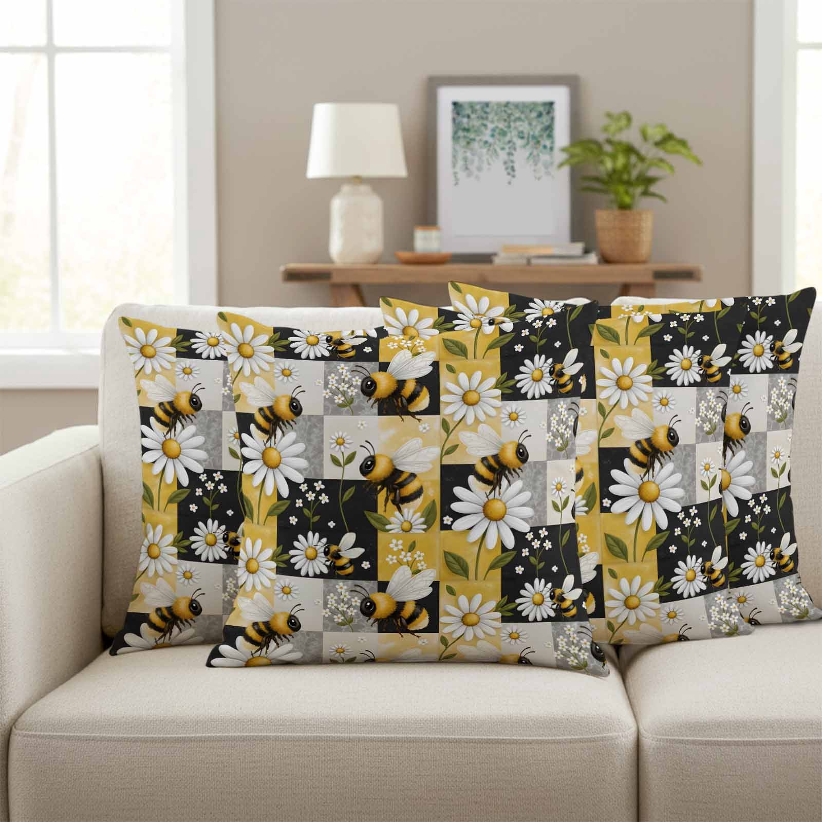 Bees Daisy Pillow Covers Set of 4, Rustic Countryside Summer Grid ...