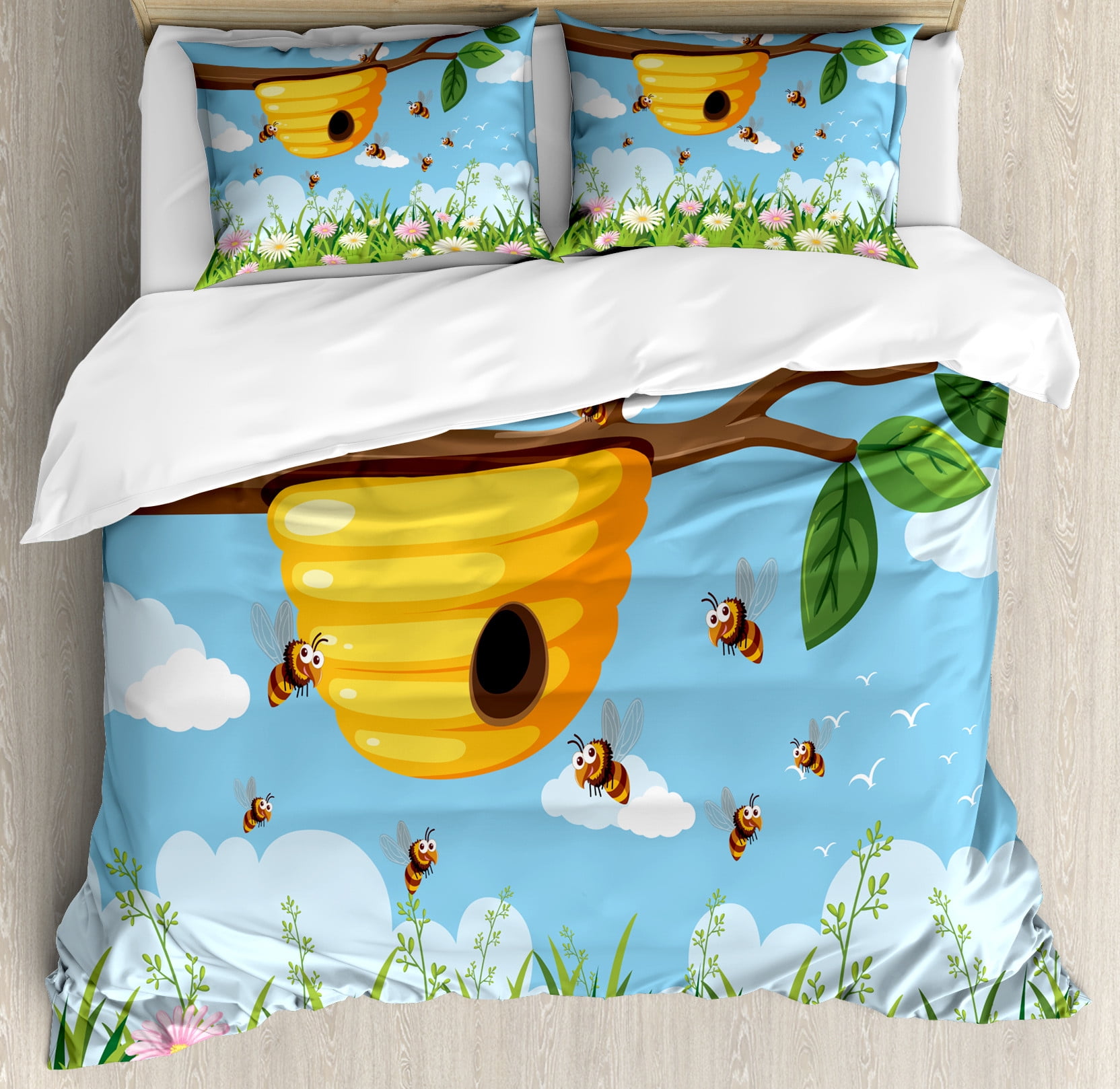 Bees Duvet Cover Set, Daytime Bee Hive Nature Cartoon of Flowers Twigs ...