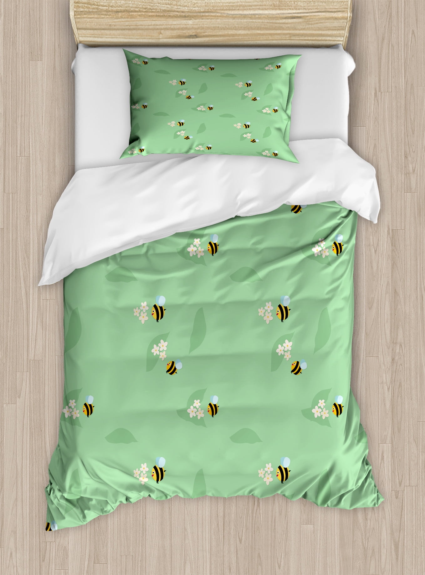 Bees Duvet Cover Set, Rhythmic Flying Insects Flowers and Leaves in ...