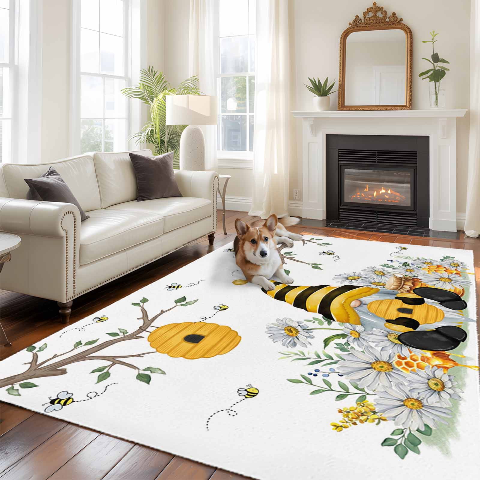 Bees Dwarf 5x8 Rug for Bedroom Under Queen Bed Placement, Springs White ...