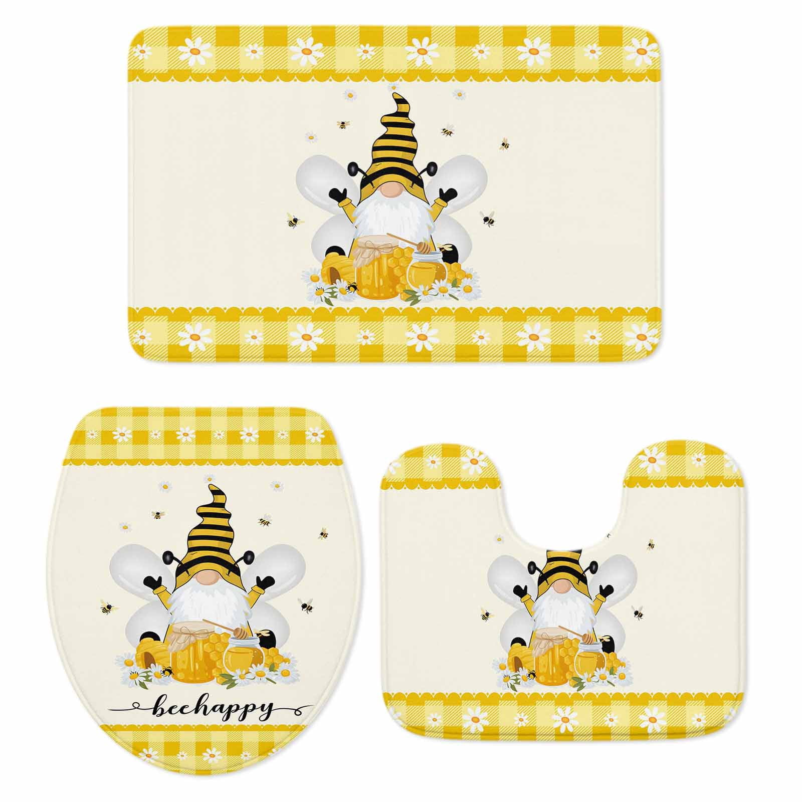 Bees Dwarf Bathroom Rugs Set Daisy Honey Farm Yellow Plaid Non Slip ...