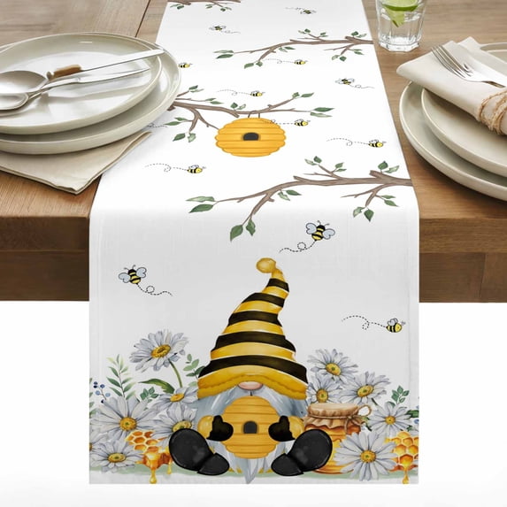Bees Dwarf Cotton Linen Table Runner Springs White Daisy Branch Flower ...