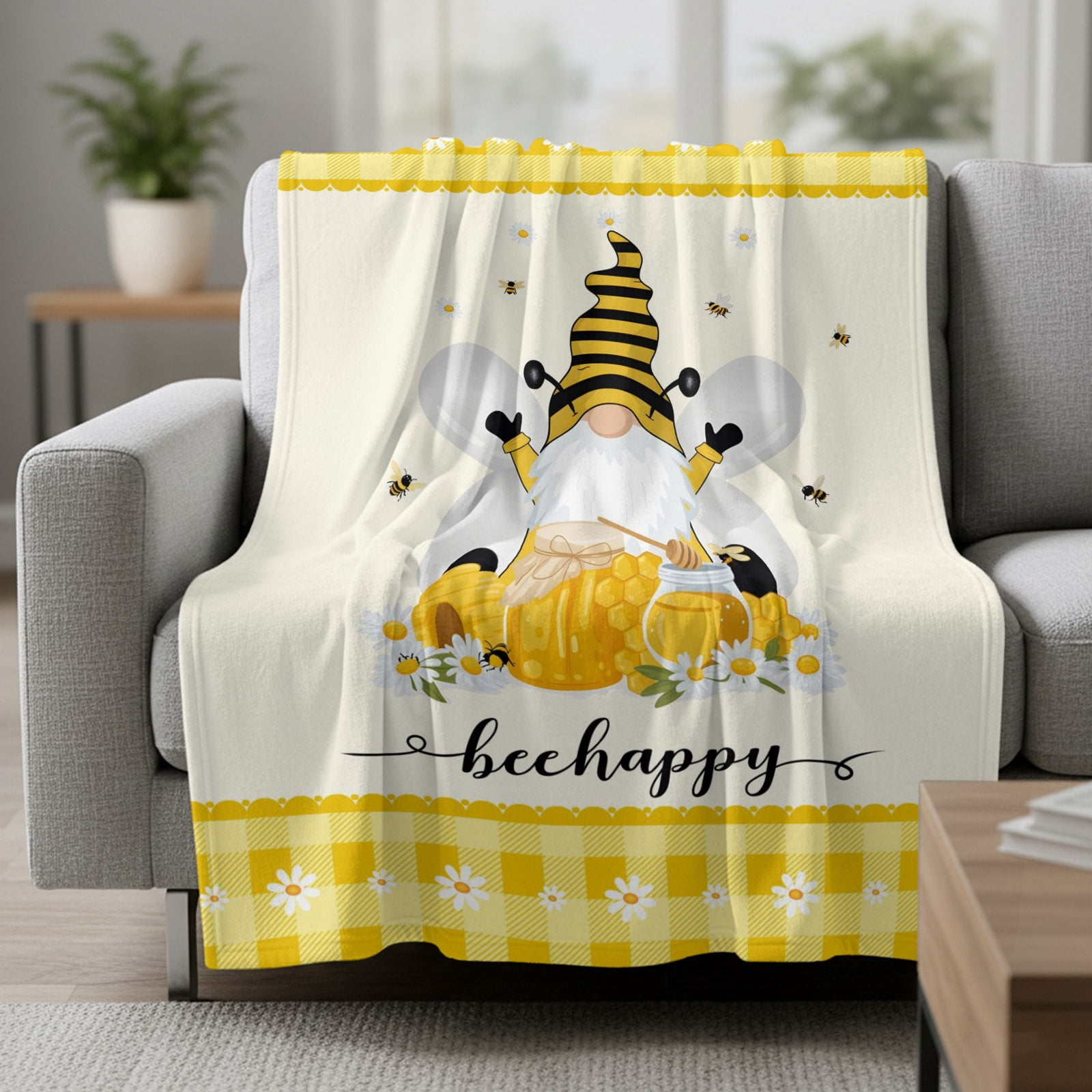 Bees Dwarf Fleece Throw Blanket Daisy Honey Farm Yellow Plaid Ultra ...