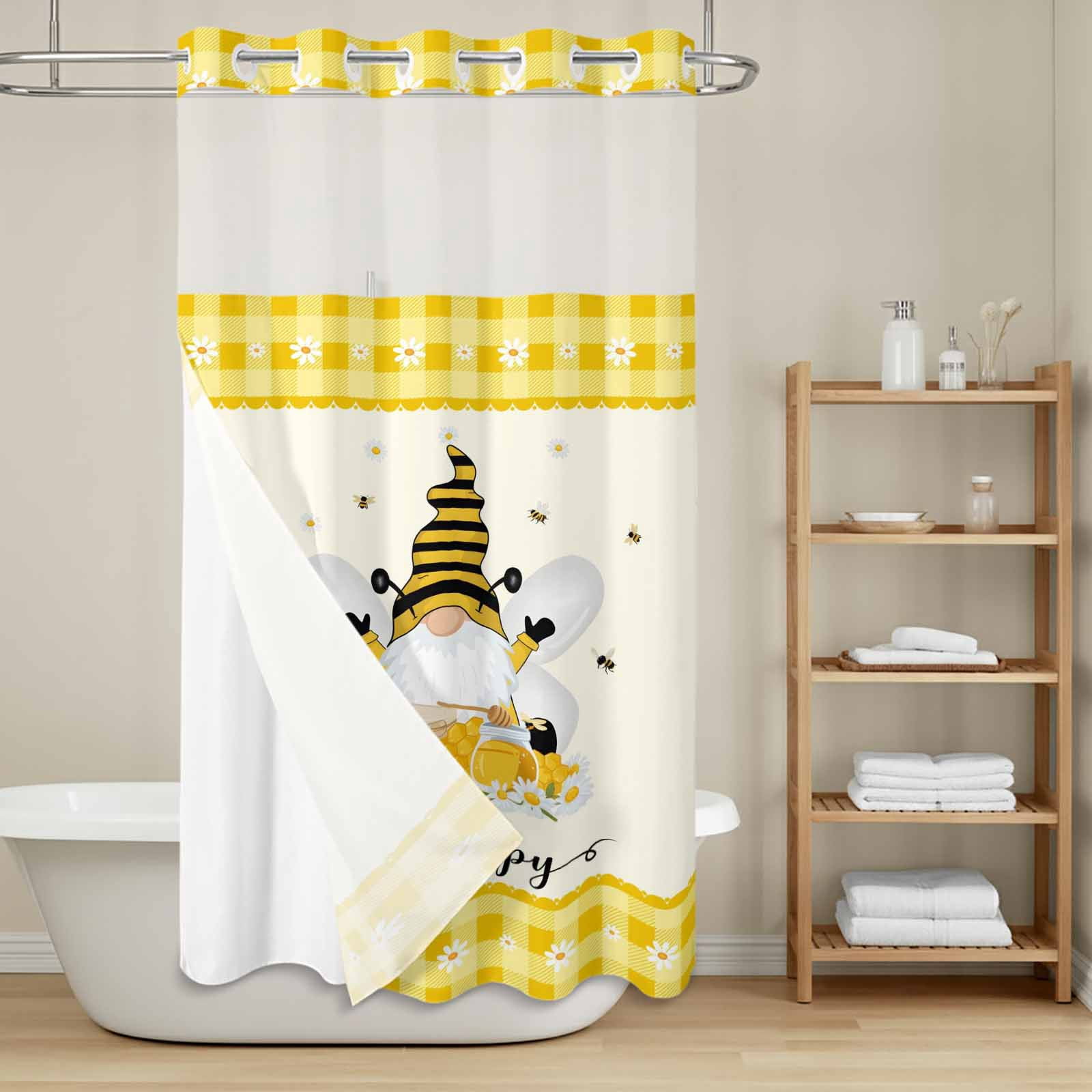 Bees Dwarf No Hook Shower Curtain with Snap in Liner, Daisy Honey Farm ...