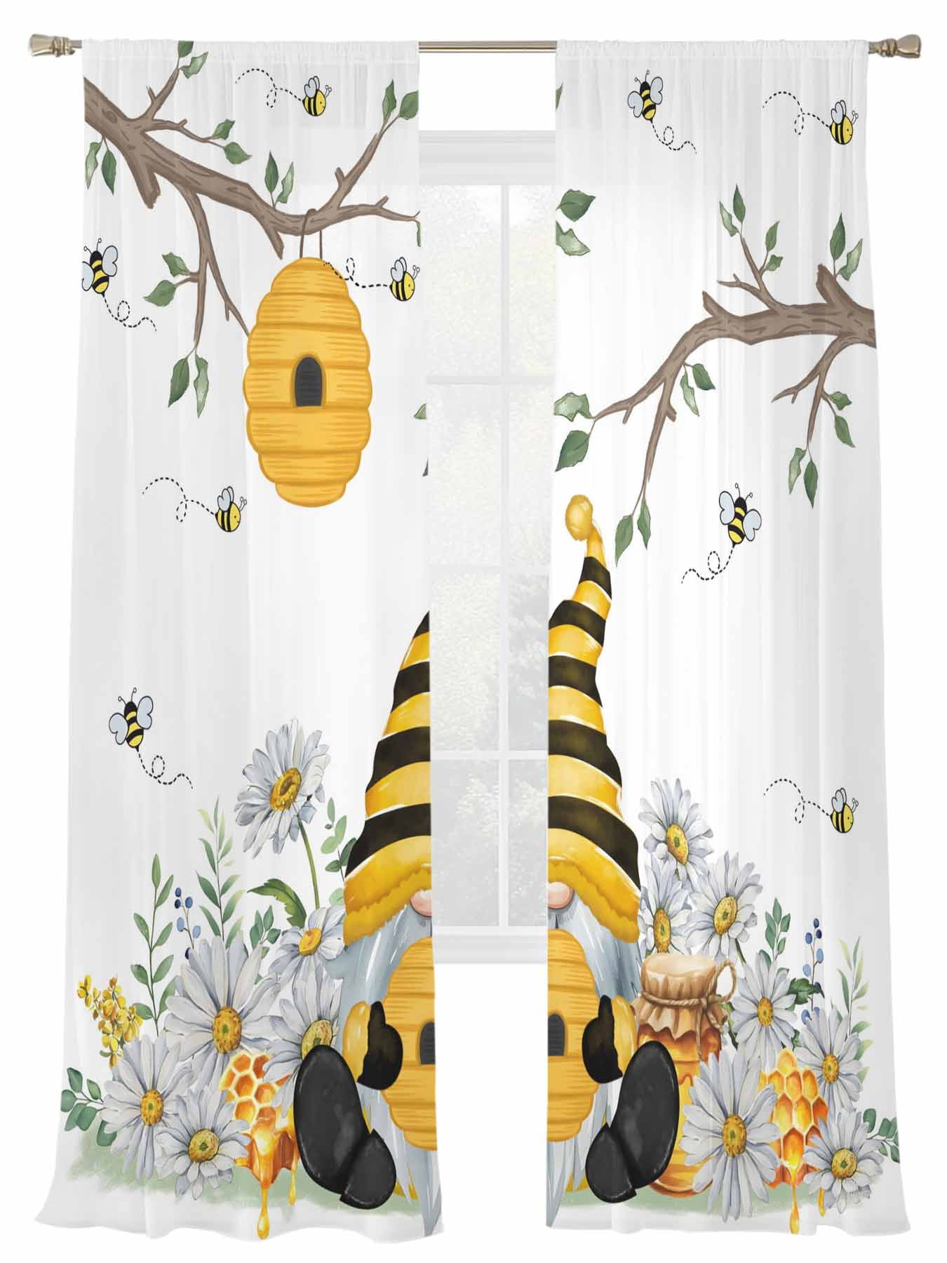 Bees Dwarf Sheer Curtains 2 Panels Set Springs White Daisy Branch ...