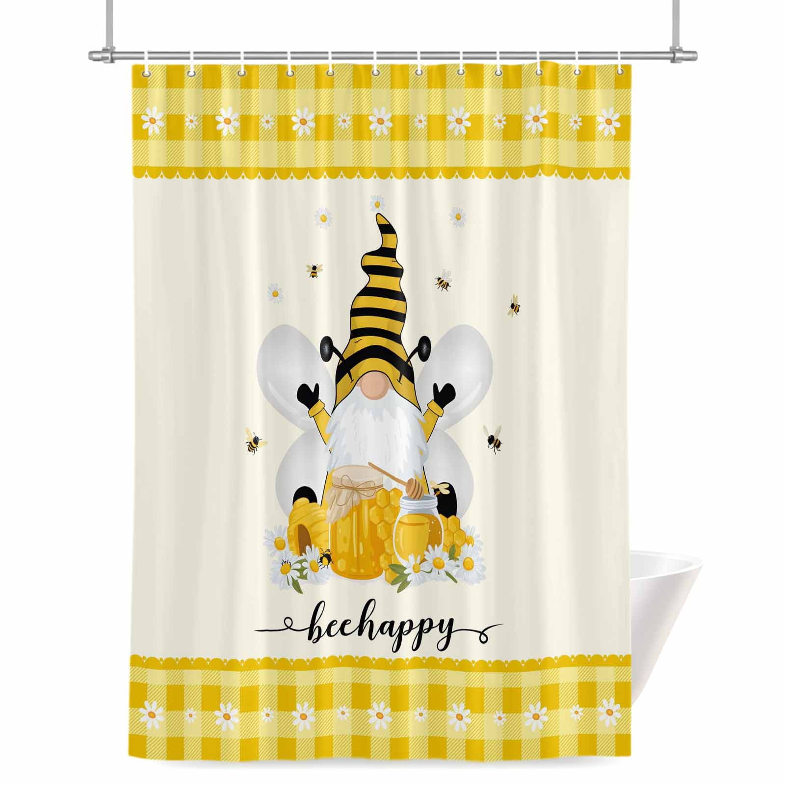 Bees Dwarf Shower Curtains for Bathroom, Daisy Honey Farm Yellow Plaid ...