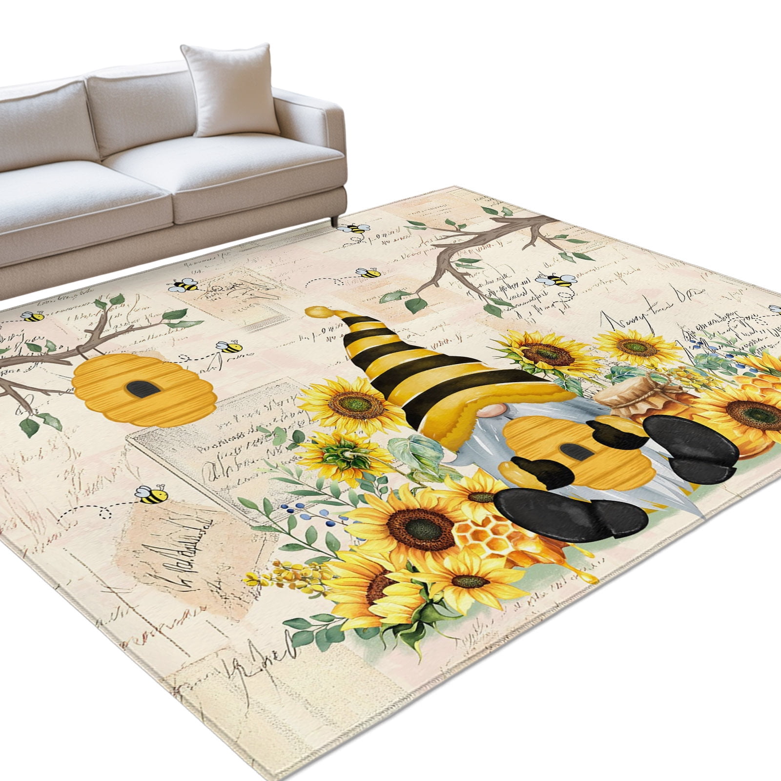 Bees Dwarfs 5x7ft Non Slip Area Rug Yellow Sunflowers Branch Spring ...