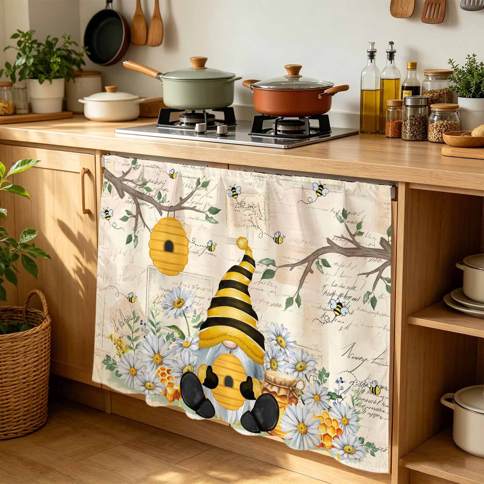 Bees Dwarfs Cabinet Curtains 35" W x 35" L Springs White Daisy Branch ...