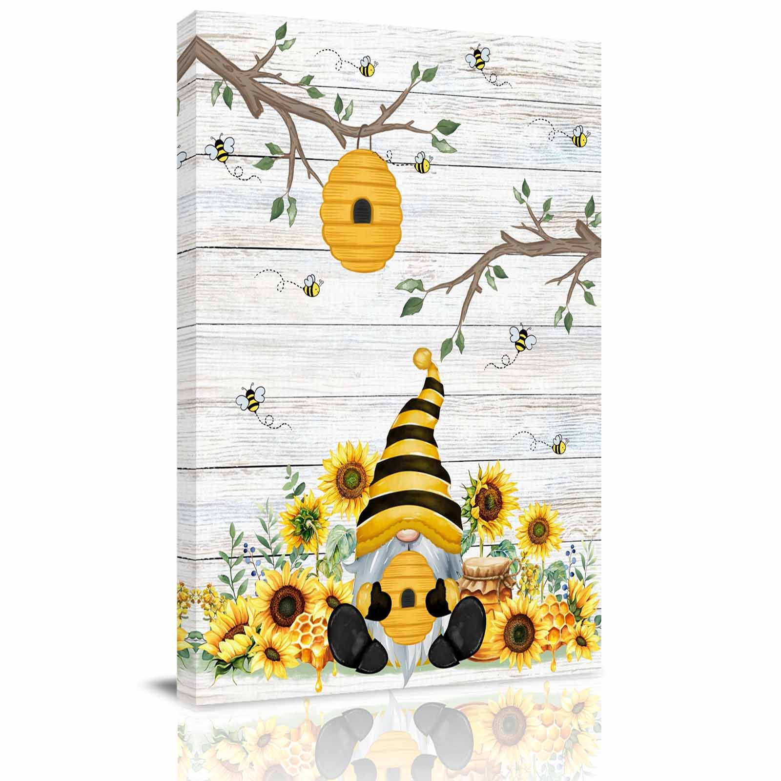 Bees Dwarfs Canvas Wall Art for Living Room, Yellow Sunflowers Branch ...