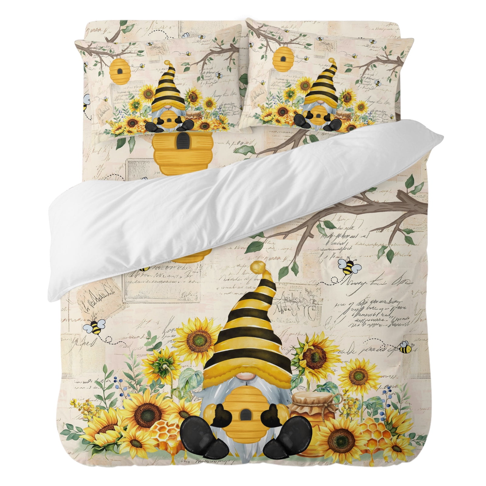 Bees Dwarfs Comforter Set California King Size, Yellow Sunflowers ...